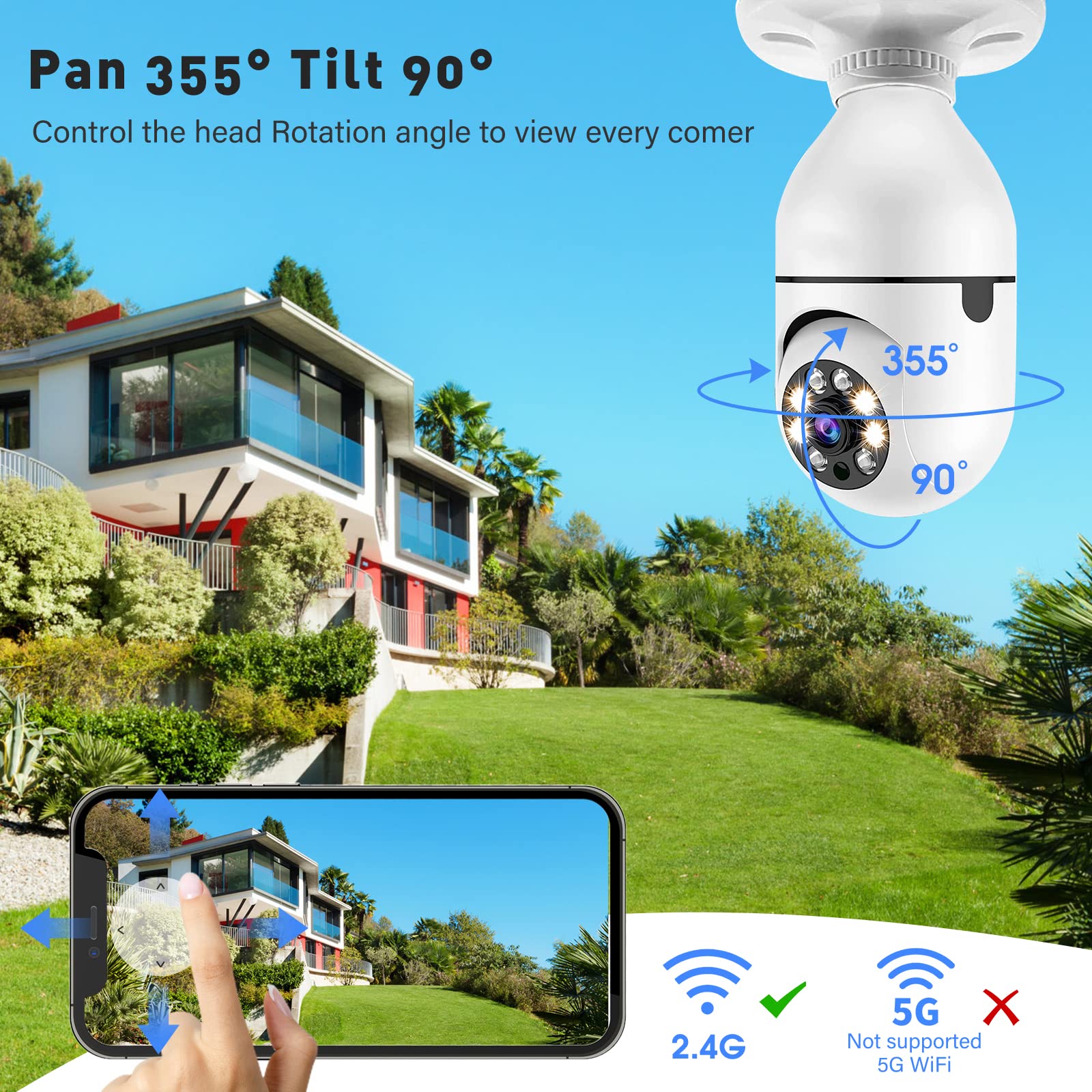 Light Bulb Security Camera, E27 Wireless WiFi Outdoor Security Camera, 1080P 2.4GHz WiFi Smart Home Surveillance Cam 355 Degree with Two-Way Audio, Night Vision, Motion Detection, Work with Alexa
