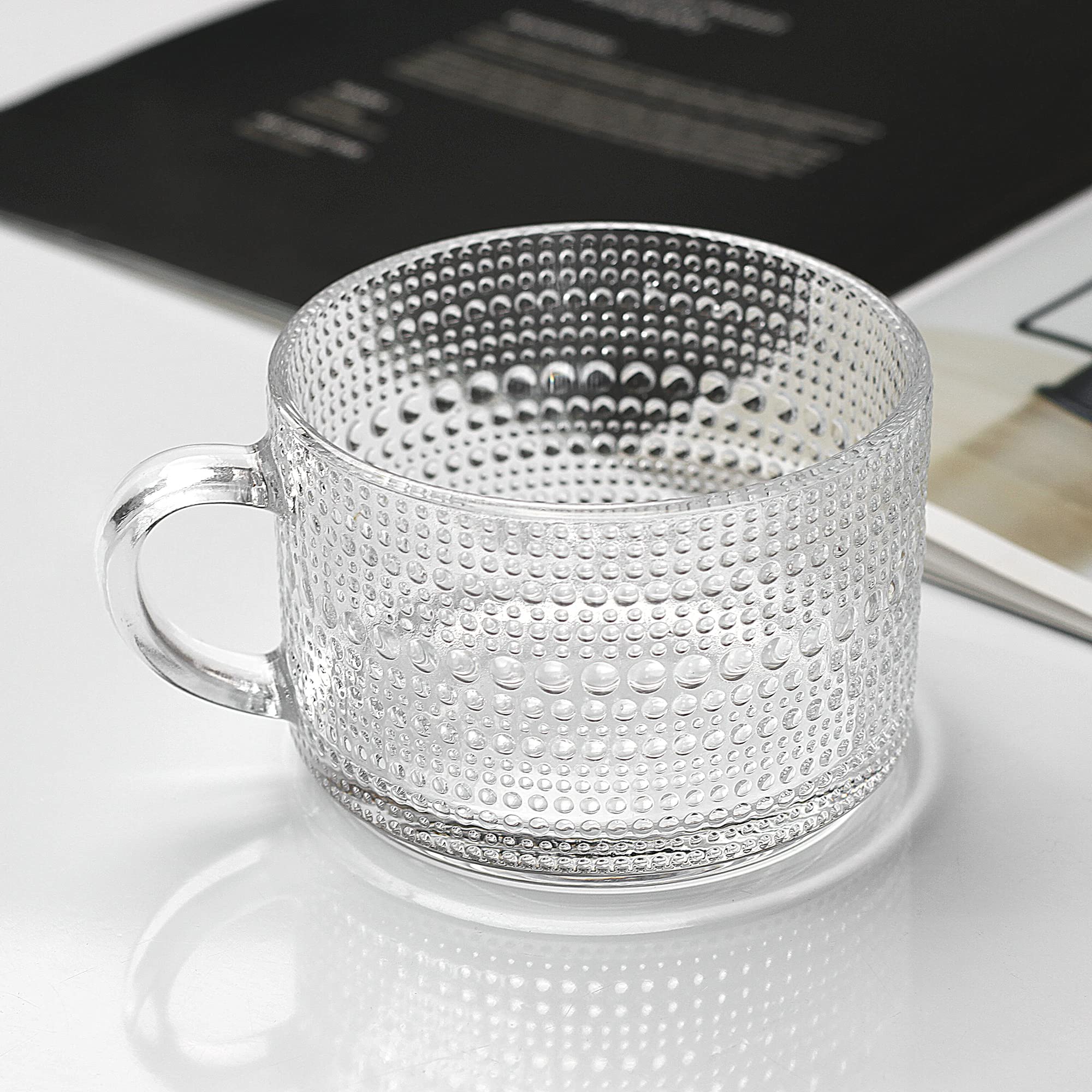 LUXU Vintage Coffee Mugs 14 oz Set of 4 Glass Tea Cups Stackable Glass Coffee Cups,Cute Coffee Bar Accessories,Iced Coffee Glasses,Clear Embossed Glass Cups for Cappuccino,Latte,Cereal,Yogurt,Milk
