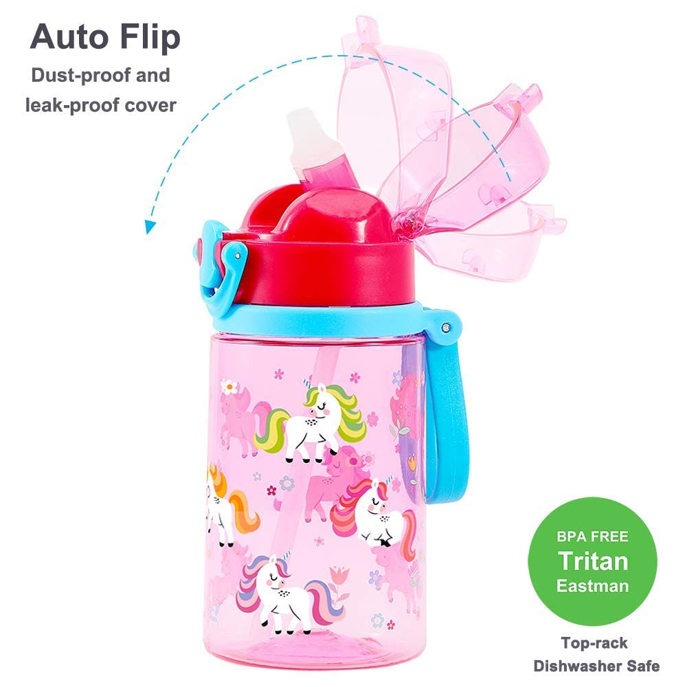 Home Tune 2 Pack Cute Water Bottles with Straw for Kids Girls Boys, BPA FREE Tritan & Leak Proof & Secure Lock & Soft Carry Loop, 14oz / 400ml (Unicorn & Mermaid)