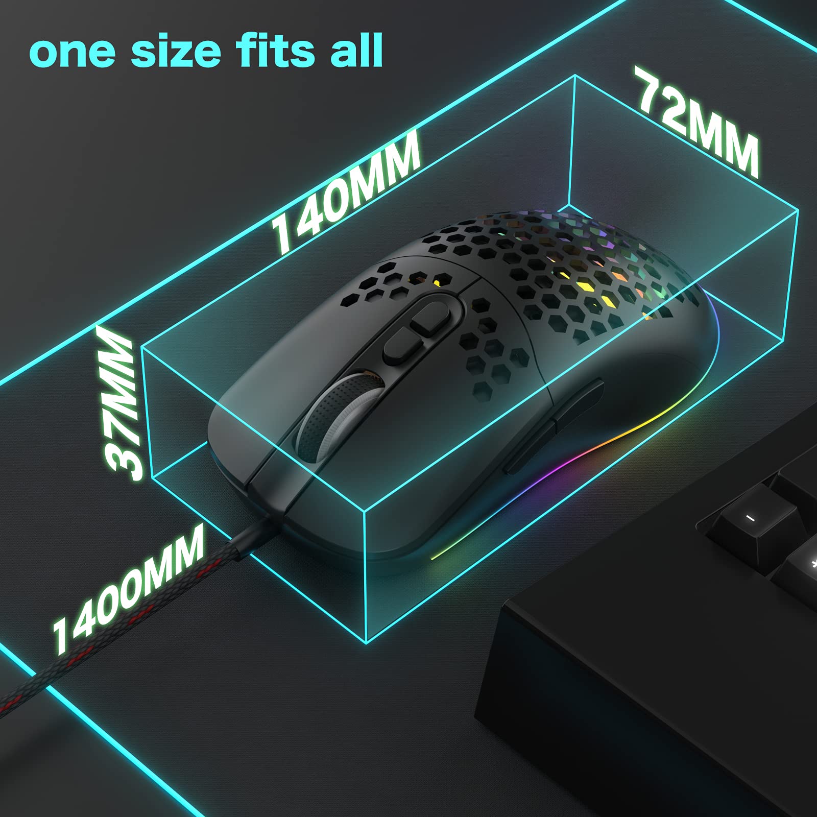 K KOMOI RGB Honeycomb Wired Mouse, Ultra Lightweight LED Wired Computer Mouse with 7 Buttons, Ergonomic USB Mouse for PC, Laptop, Computer Gamers (Black)