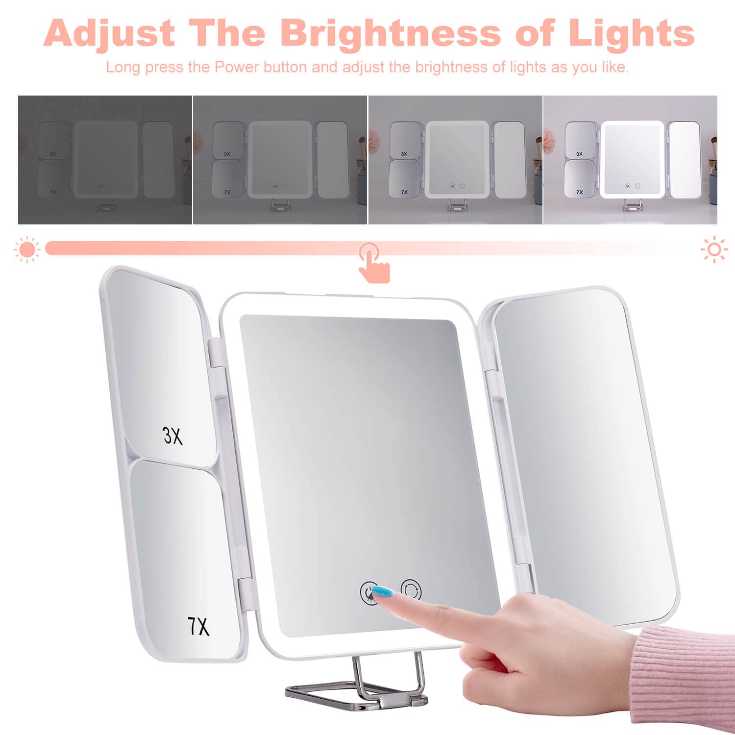 Lighted Travel Makeup Vanity Mirror - 5x6 Inches Tri-fold Mirrors with 3X/7X Magnification,3 Color Light, LED Lights and Touch Control,Adjustable Stand for Tabletop,Office,Travel,Gift (White)