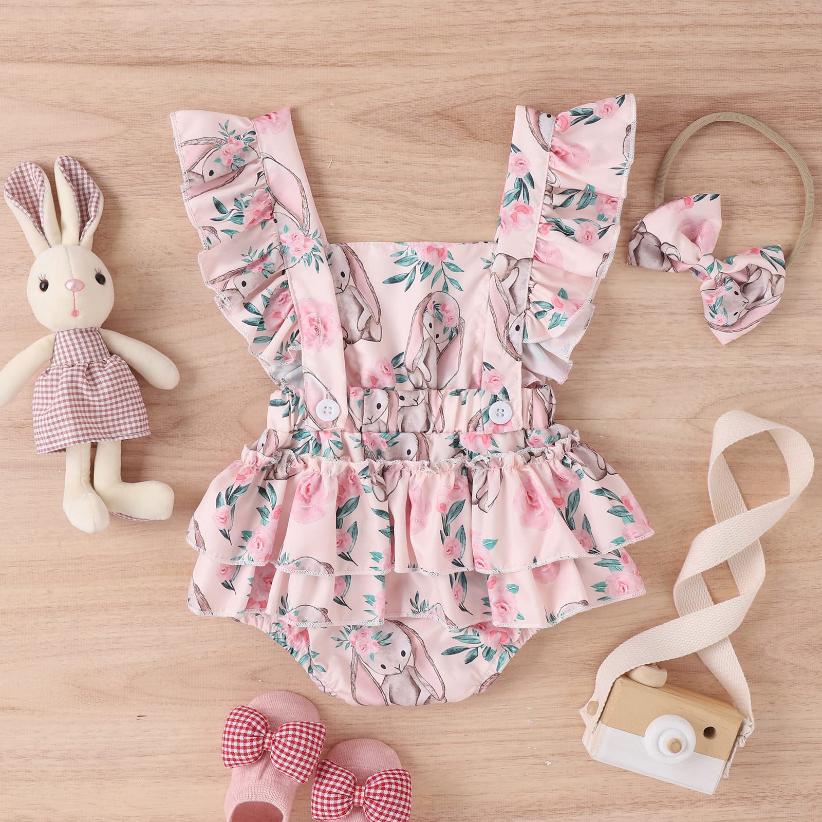 Newborn Baby Girls Easter Outfits Bunny Romper Ruffled Sleeve Bodysuit One-Piece Jumpsuit Shorts Summer Clothes (Pink, 0-3 Months)