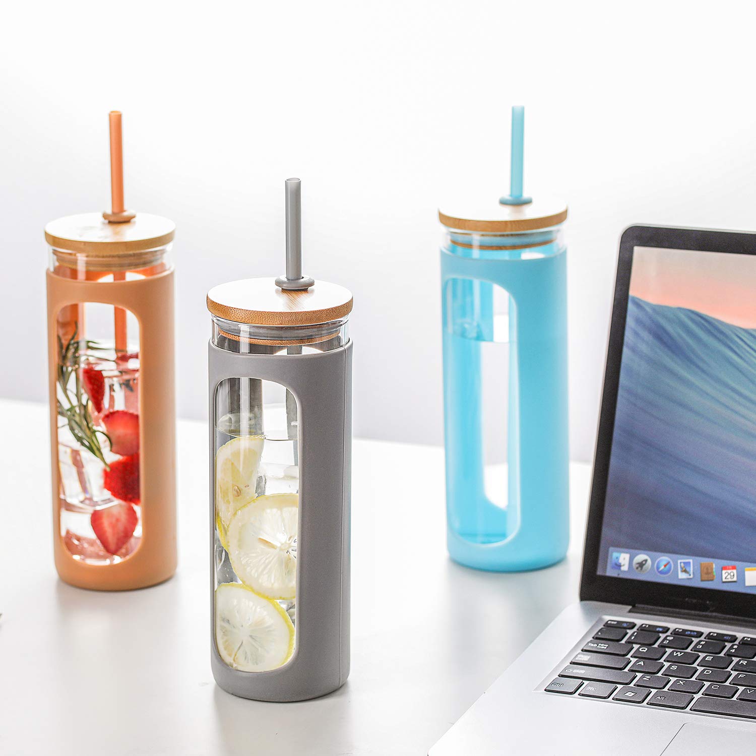 Kodrine 24 oz Glass Water Bottle with Bamboo Straw and Lid, Wide Mouth Water Tumbler,Straw Silicone Protective Sleeve BPA FREE-Amber
