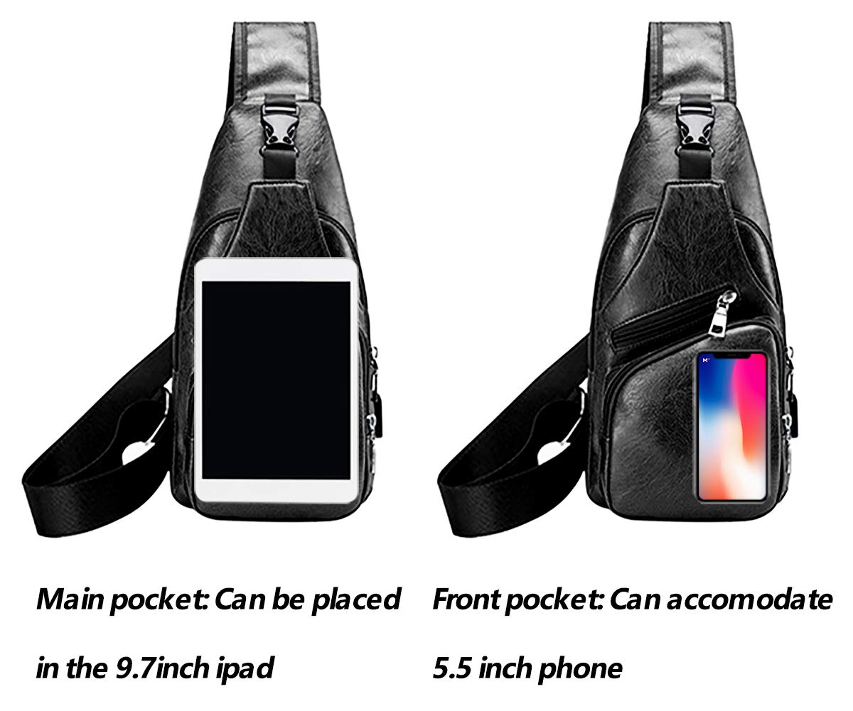 JUMO CYLY Leather Sling Bag with USB Charging Port Large Mens Crossbody Shoulder Bag Travel Sling Chest Bag (Small Black)