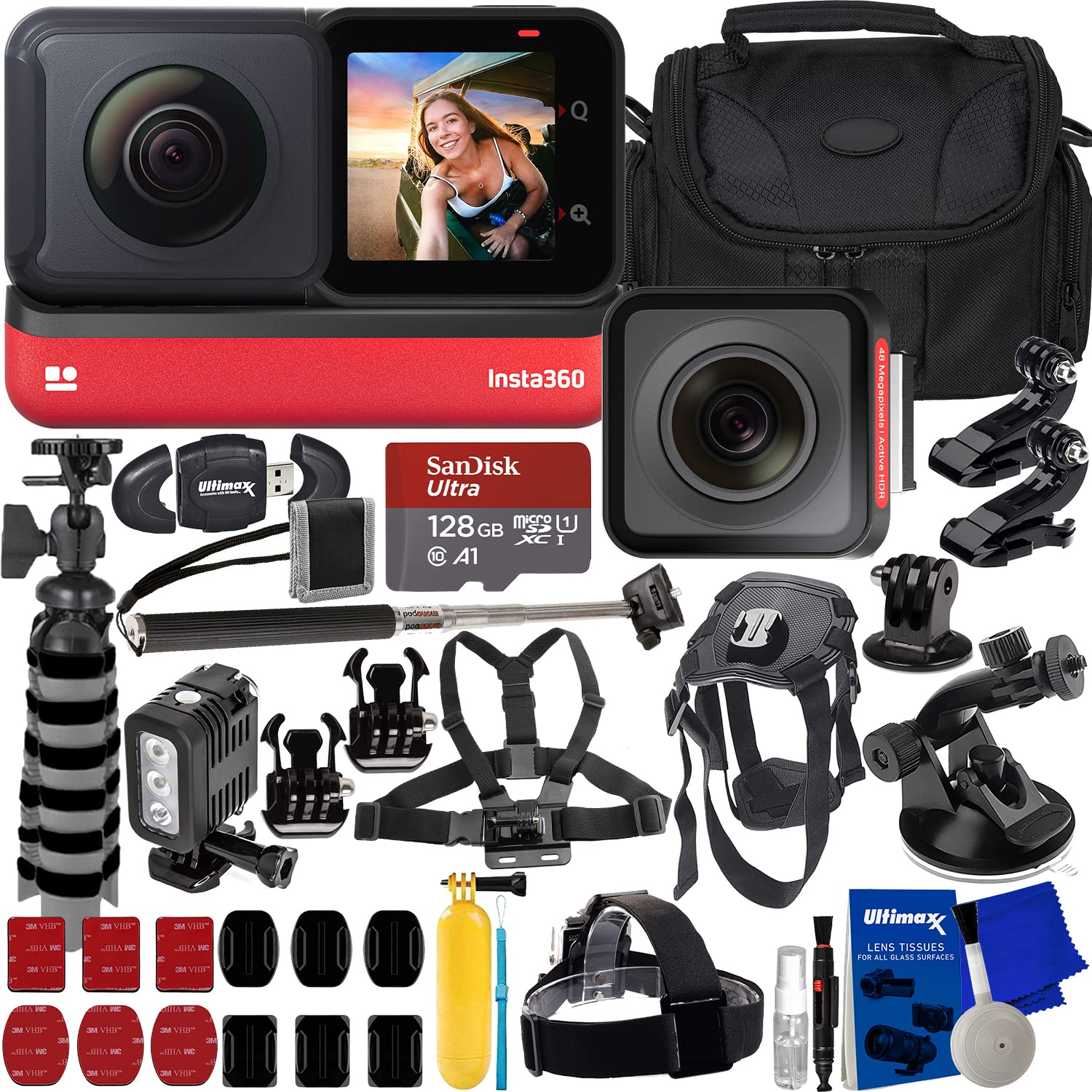 Insta360 ONE RS Twin Edition + SanDisk 128GB Ultra MicroSDXC, Suction Cup Mount, Action Cam Harness Black IN360ONERSTEDB3 Insta360 ONE RS Twin Edition with Deluxe Accessory Bundle