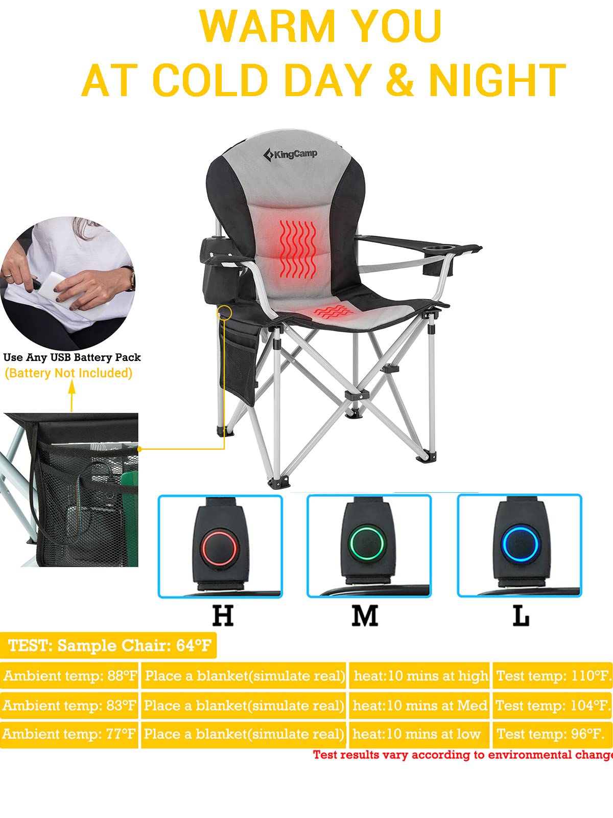 KingCamp Heavy Duty Folding Cooler Bag Lawn Chairs for Picnic, Oversized, Black/Grey