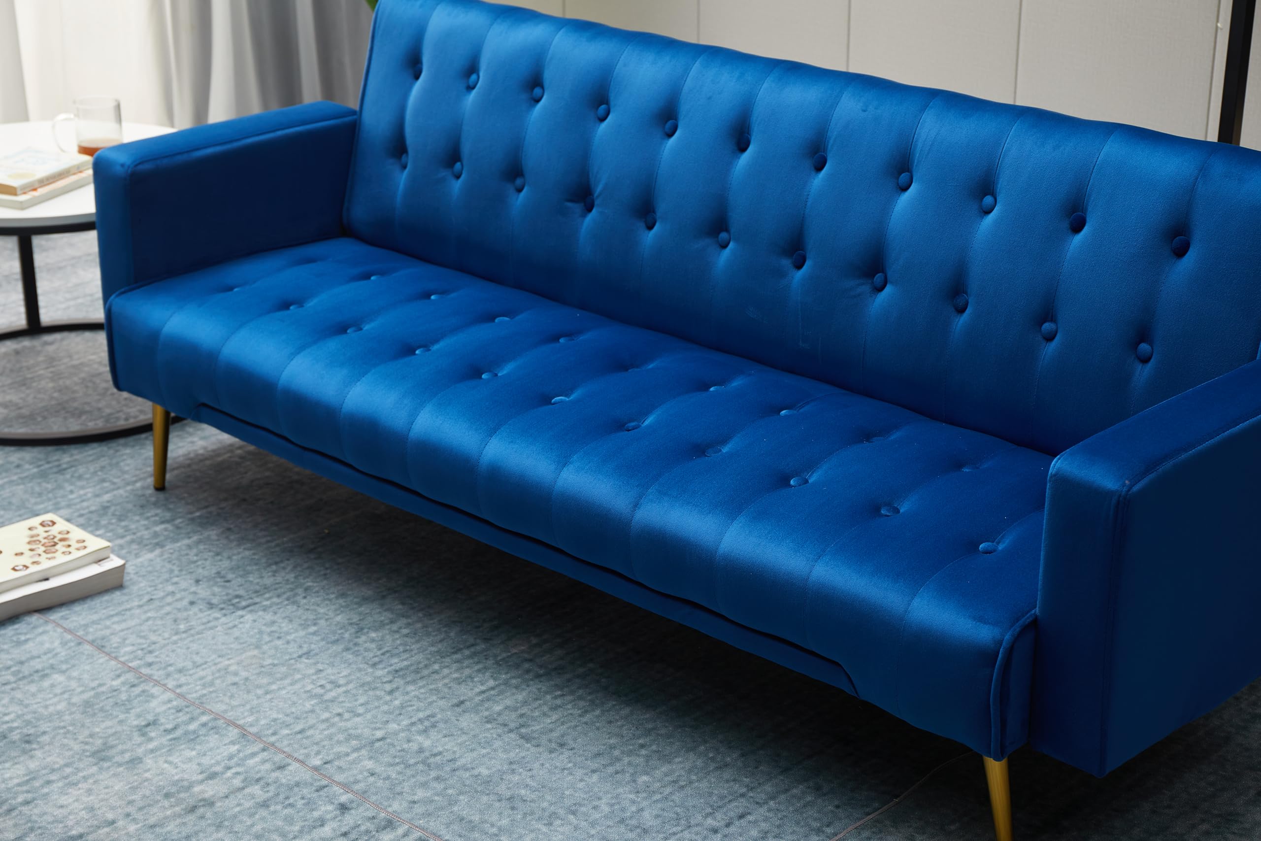 MODCART 75Inch Velvet Futon Sofa Bed with Adjustable Back, Convertible Futon Couch, w/Tufted Buttoned Design & Metal Legs, Upholstered Slpper Bed for Home, Small Space Apartment