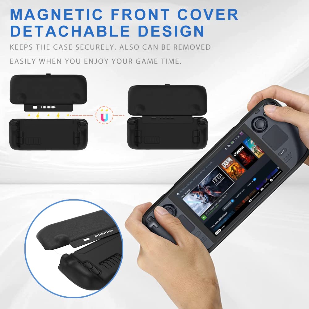 KMCIA Flip Cover for Steam Deck with 2 Pack Screen Protectors, Slim Protective Case with Magnetically Detachable Front Cover & Anti-Slip Thumb Caps Compatibe with Steam Deck -Black (Flip)