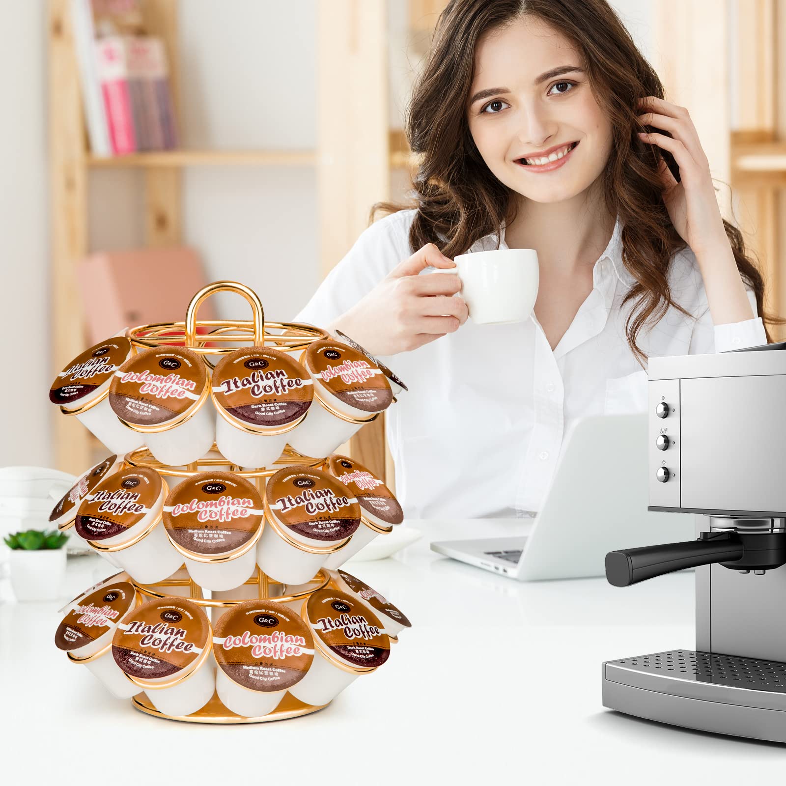 KREWEY Coffee Pod Holder, K Cup Holders,Coffee Pod Storage Compatible with K Cups (27 Pods), Spins 360-Degrees Coffee Pod Carousel Holder Organizer, Modern Gold Design (Round,Shining Gold)