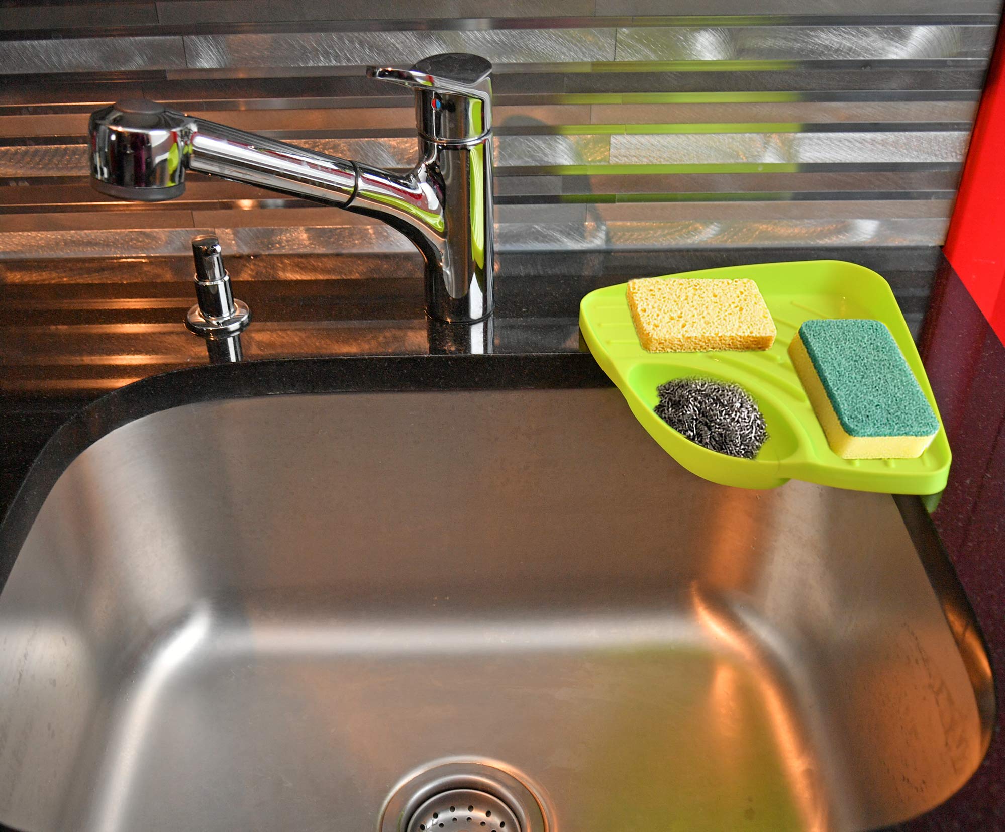 HOME-X Sponge Holder Kitchen Decor, Triangle Sink Corner Shelf - Storage Rack Suction Cup Holder Organizer for Dish Cloth Sponge Soap Cleaning Brush (Green)