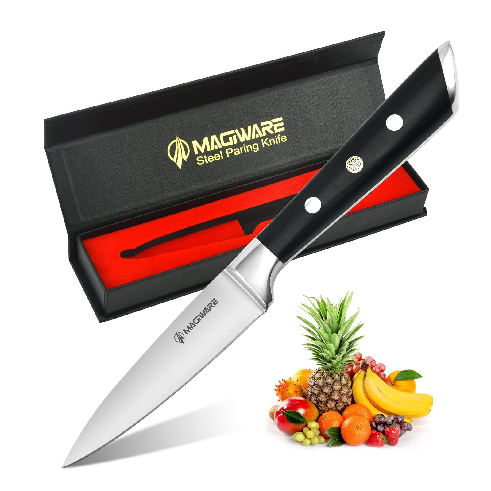 Magiware Paring Knife, 3.5 Inch Ultra Sharp Small Kitchen Knife, Forged German High-Carbon Steel with Ergonomic Wooden Handle