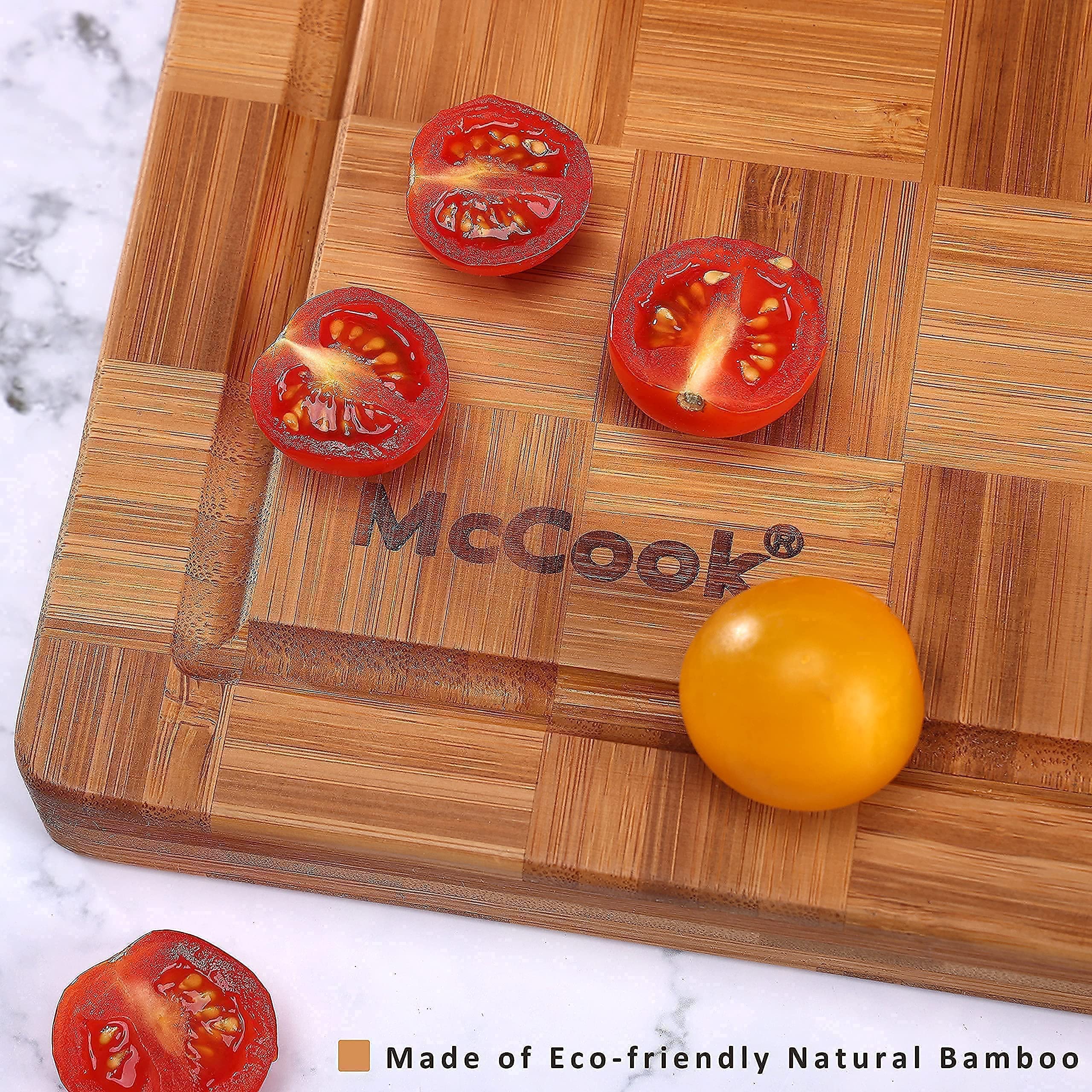 McCook MC25A German Stainless Steel Knife Block Sets with Built-in Sharpener + MCW12 Bamboo Cutting Board (Large, 17”x12”x1”)