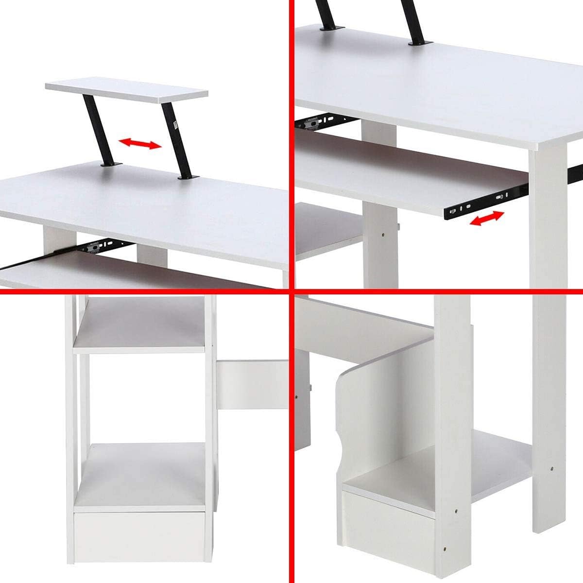 Harapu Strong Bearing Computer Desk, Home Office Storage Shelves Study Workstation Laptop Table, L90 x W48 x H73 cm, Warm White