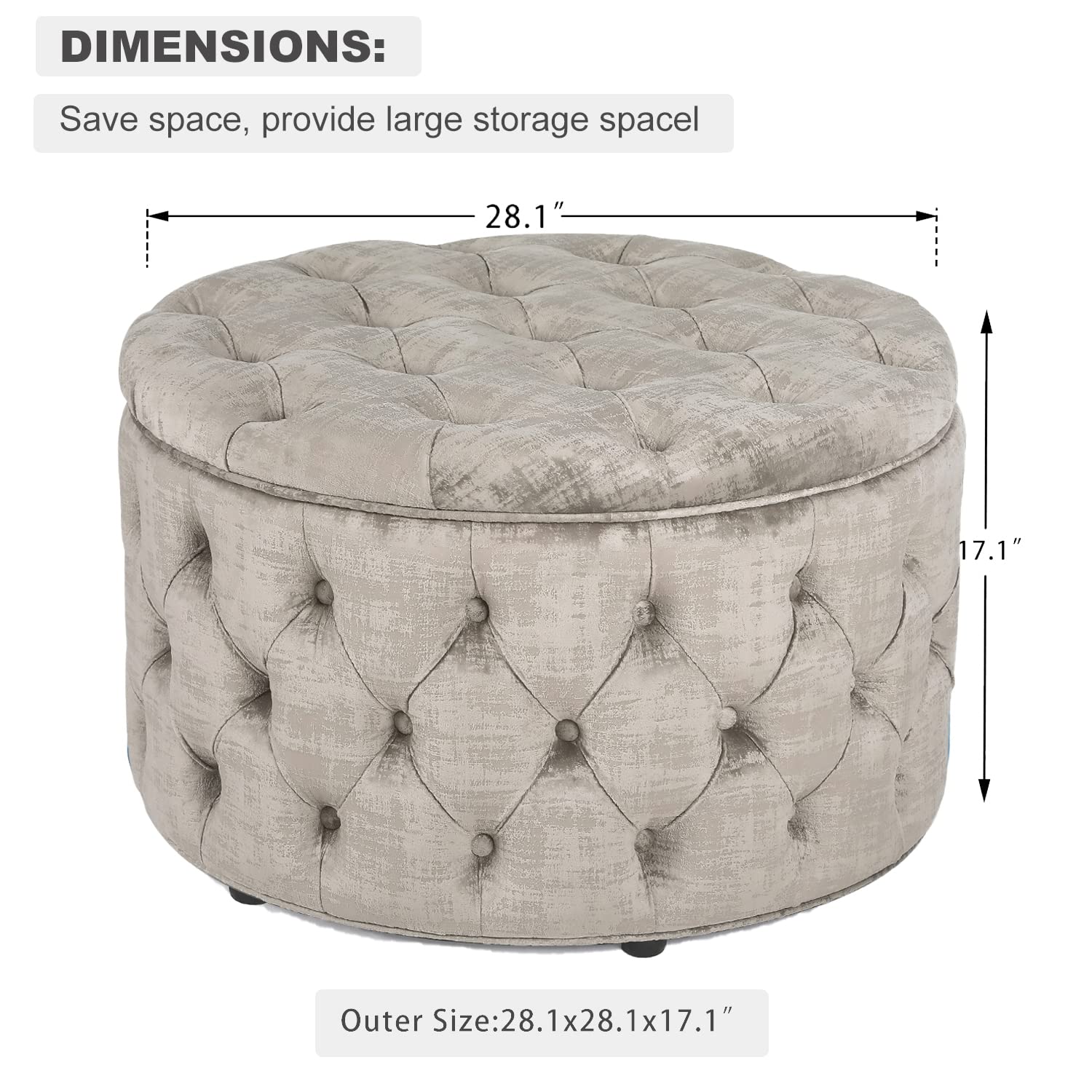 Homebeez 28 Inch Round Velvet Storage Ottoman, Button Tufted Footrest Stool Bench Coffee Table for Living Room (Beige)