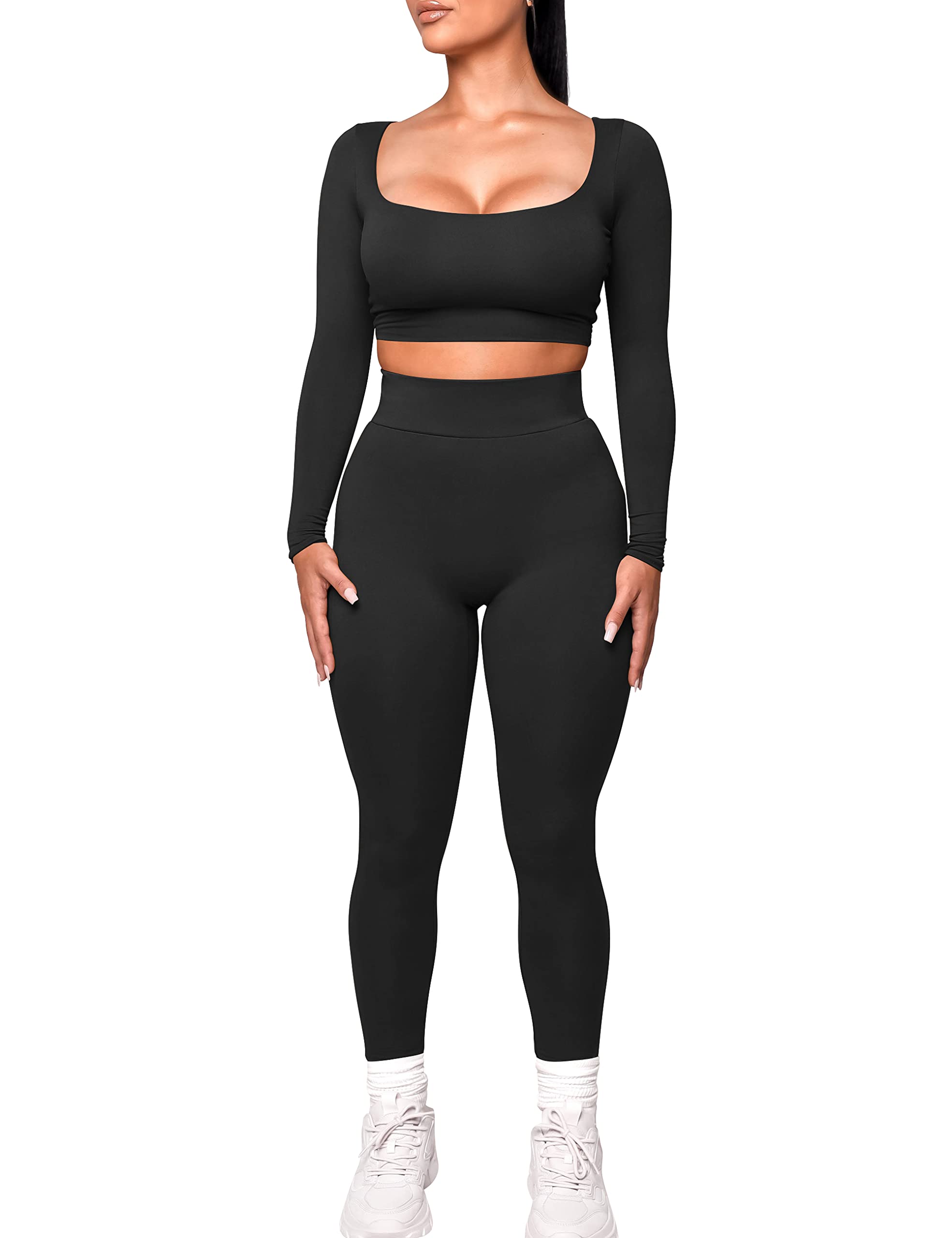 Kaximil Women's Workout Tracksuit 2 Piece Outfits Long Sleeve Crop Top Legging Pants Matching Sets, Medium, Black