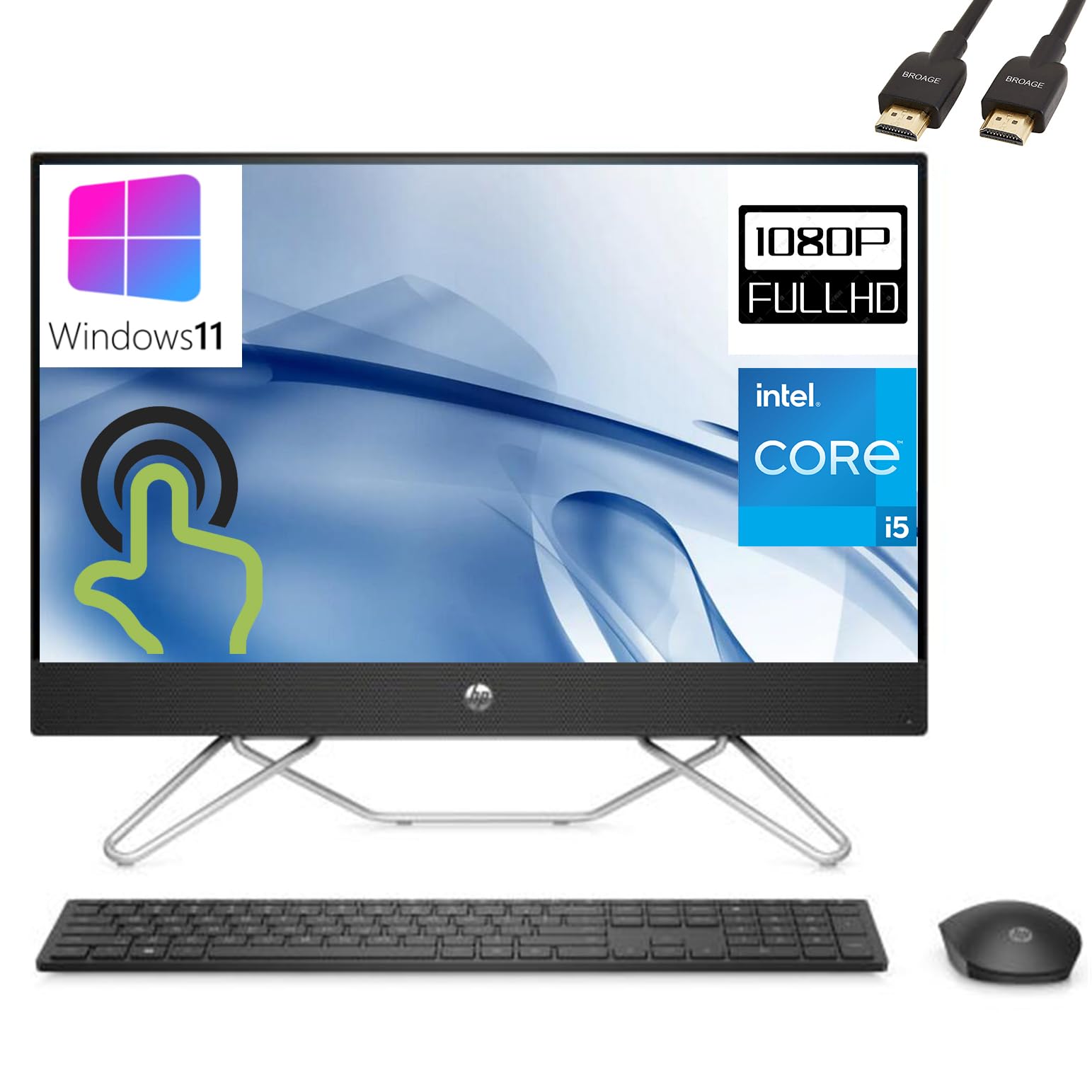 HP 24 AIO 23.8" Touchscreen FHD All-in-One Desktop Computer, 12th Gen Intel 10-Core i5-1235U (Beat i7-1195G7), 32GB DDR4 RAM, 1TB PCIe SSD, WiFi 6, Bluetooth 5.2, Windows 11, BROAG HDMI Cable