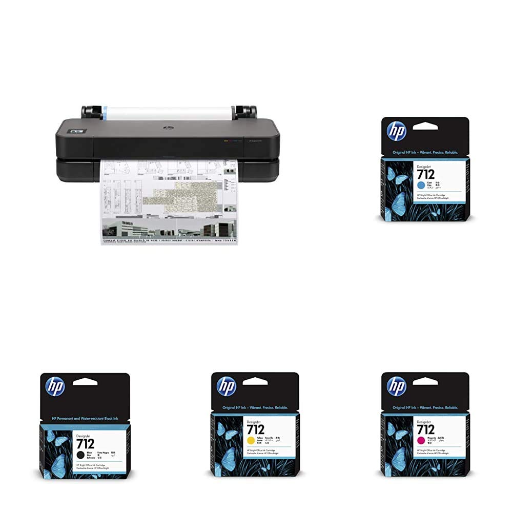 HP DesignJet T210 Large Format Compact Wireless Plotter Printer - 24" (8AG32A), with Standard Genuine Ink Cartridges (4 Inks) - Bundle