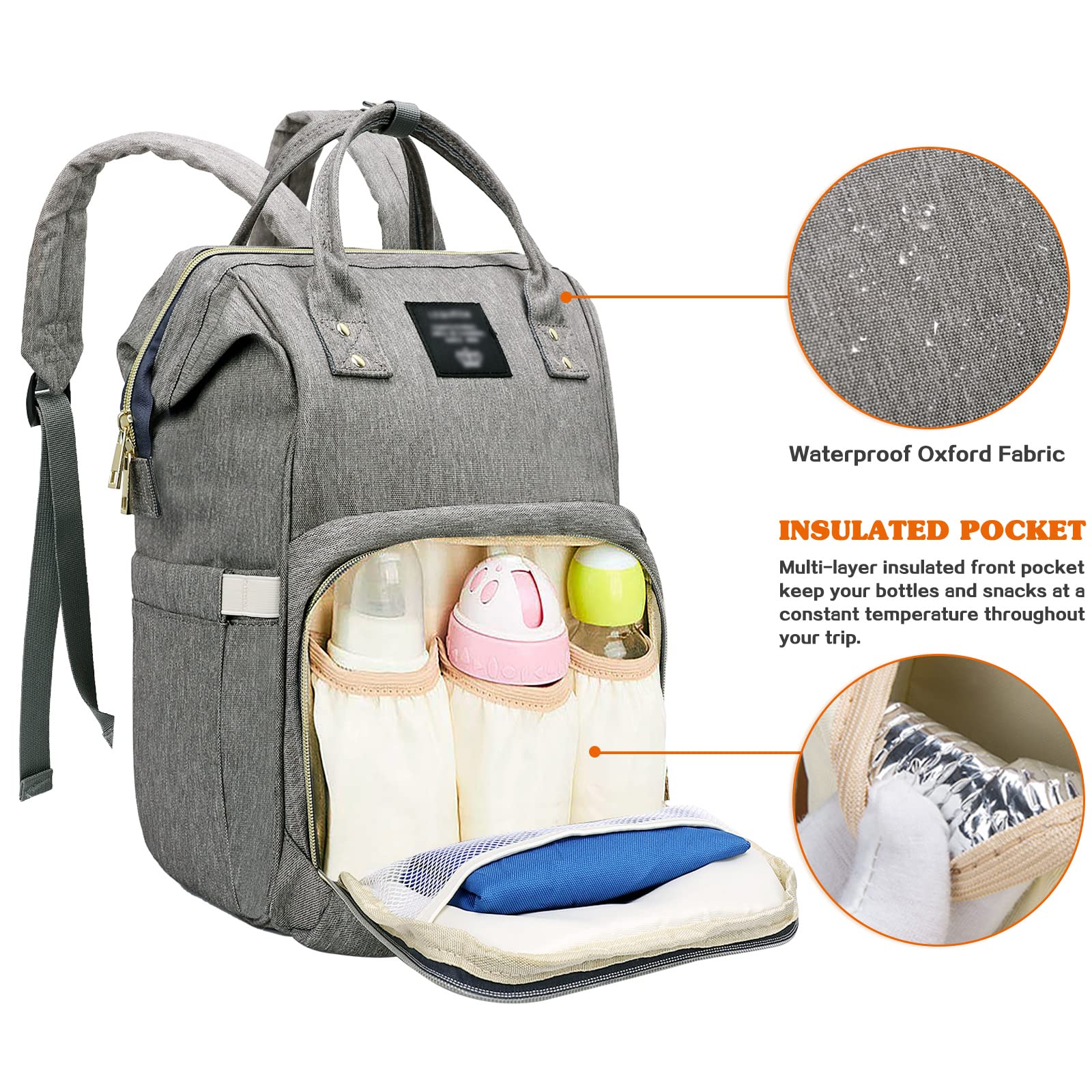 Limhoo Diaper Bag Backpack for Women/Men, Large Canvas Shoulders Diaper Backpack, Nappy Bags for Baby Care Travel (Grey)