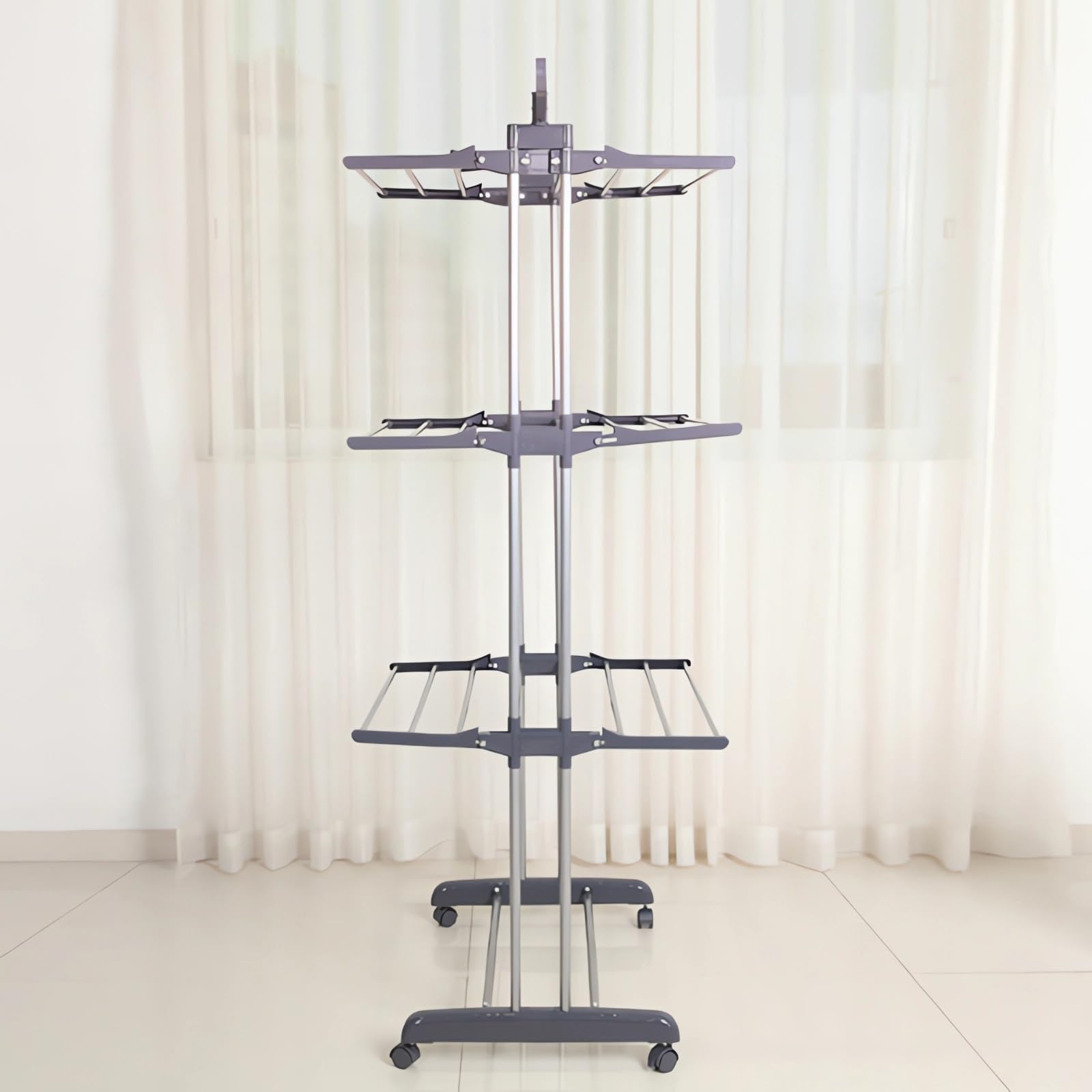 KissAir 4-Tier Folding Drying Rack, Clothes Drying Rack, Stainless Steel Free Standing Movable Laundry Rack, Heavy Duty Rack for Clothing, Bed Linen, Grey