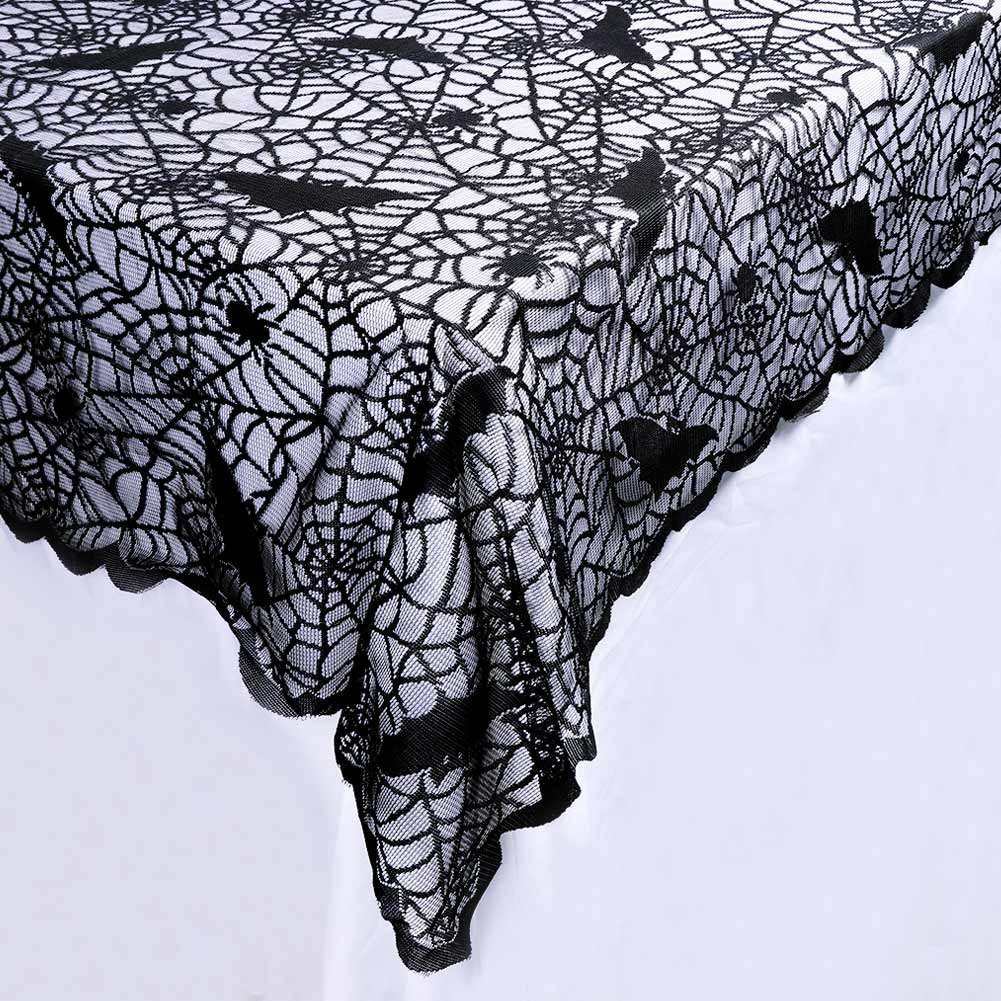 ibohr Halloween Tablecloth with Spiderweb & Bat Design Lace Rectangular Festival Table Cover Halloween Table Decorations for Parties & Gatherings, 100% Polyester, 60 X 84 Inch