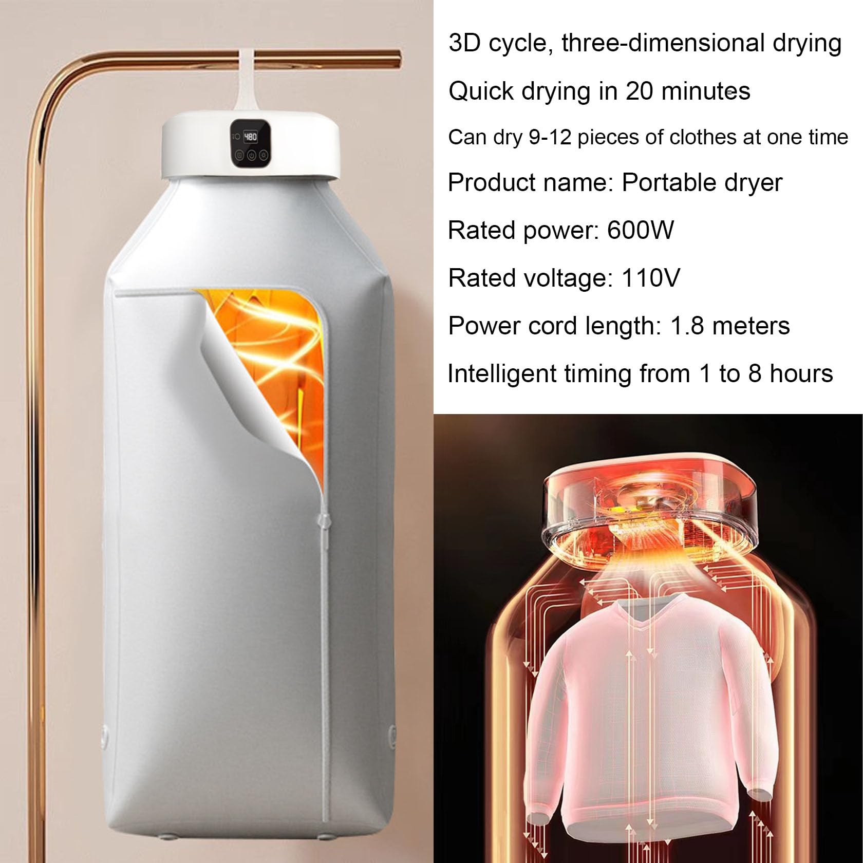 Portable Clothes Dryer, Foldable clothes dryer with timer,Mini Dryer for home, Apartments, Dorms, RVs