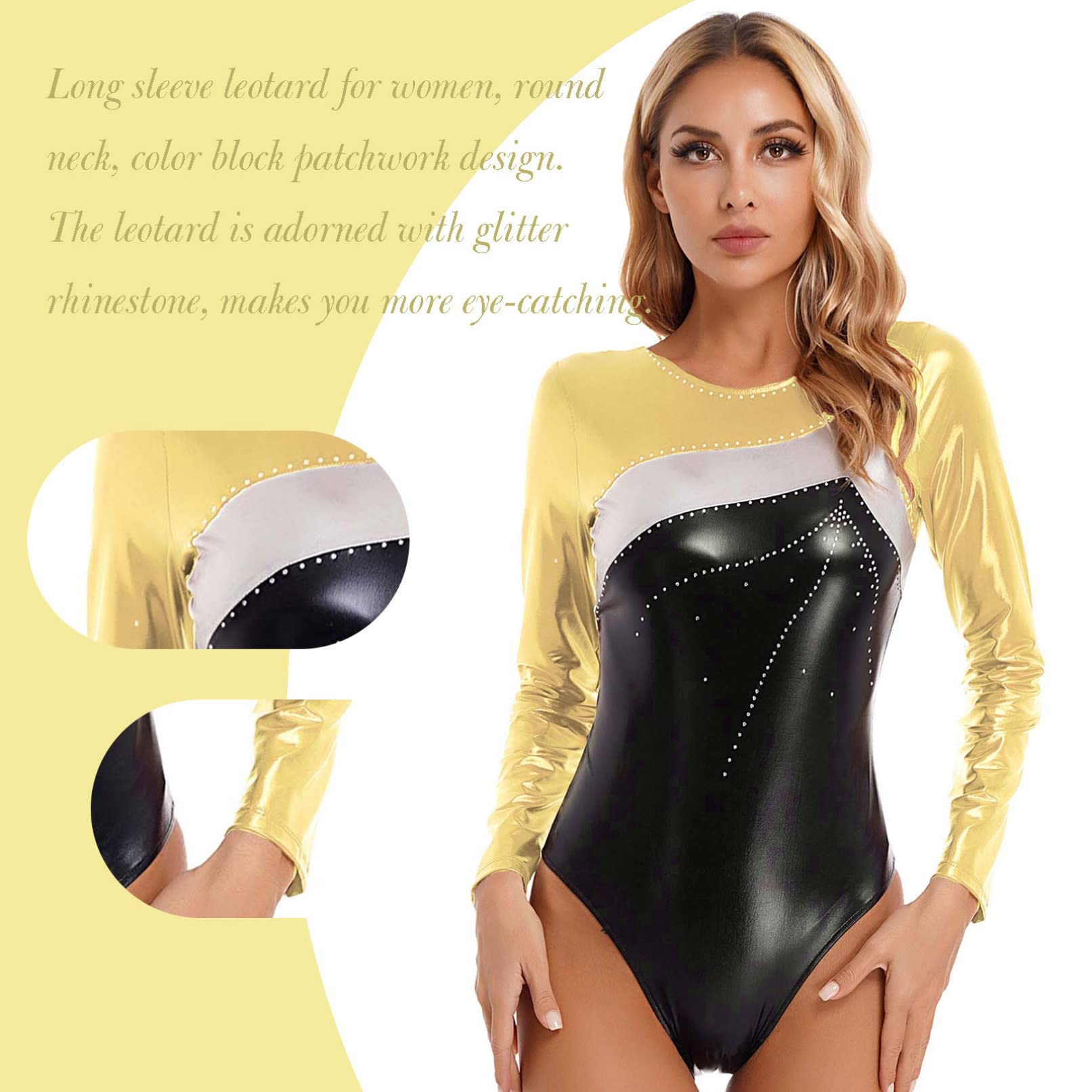 Jugaoge Womens Long Sleeves Gymnastics Leotard Shiny Metallic Biketards Bodysuit Tops Unitard Bodycon Blue Medium