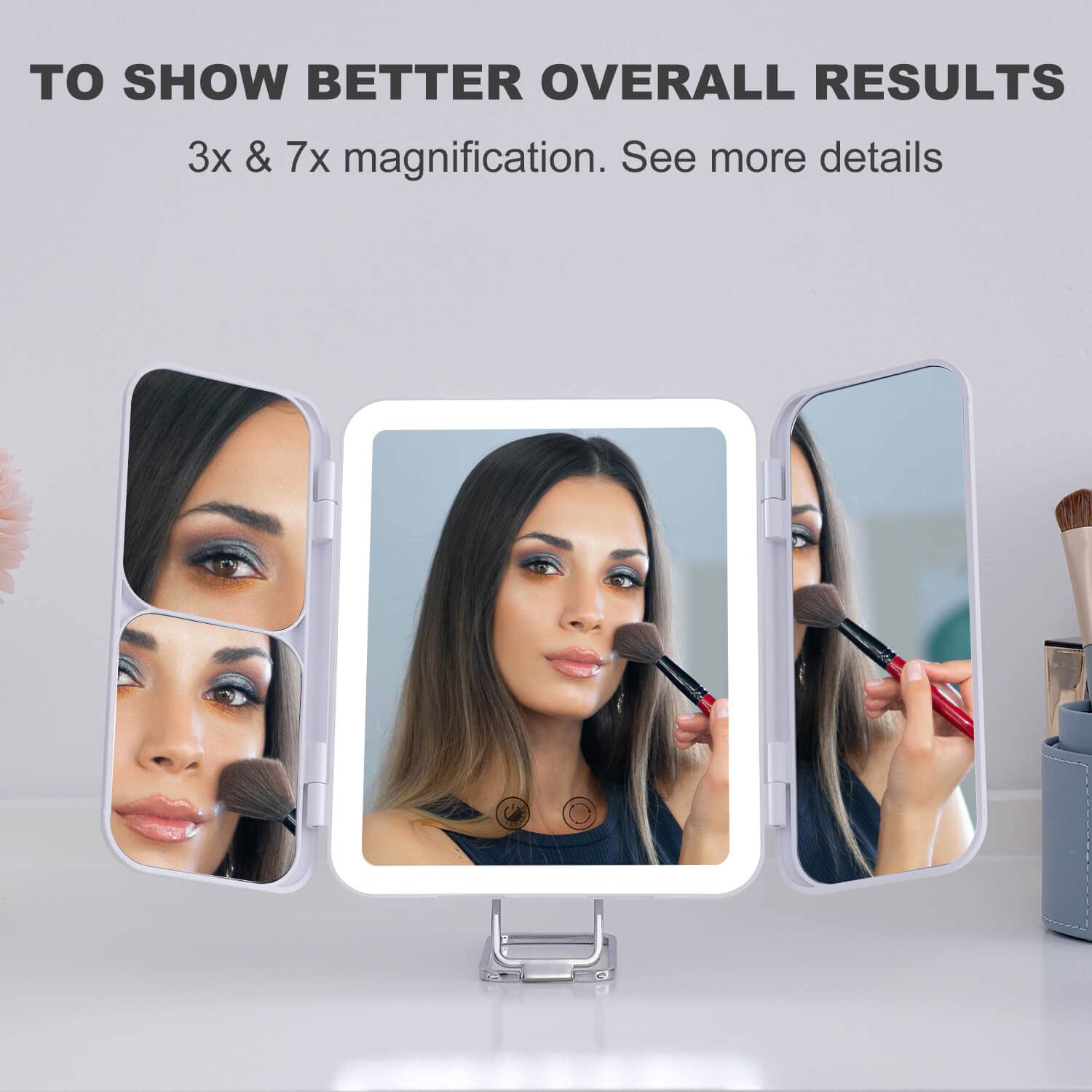 Lighted Travel Makeup Vanity Mirror - 5x6 Inches Tri-fold Mirrors with 3X/7X Magnification,3 Color Light, LED Lights and Touch Control,Adjustable Stand for Tabletop,Office,Travel,Gift (White)