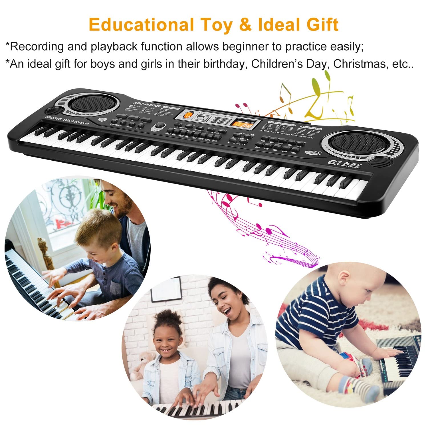 KOCASO Piano Keyboard 61 Keys Digital Music Electronic Keyboard Electric Piano Musical Instrument Kids Learning Keyboard with Microphone For Beginners Kids Girls Boys