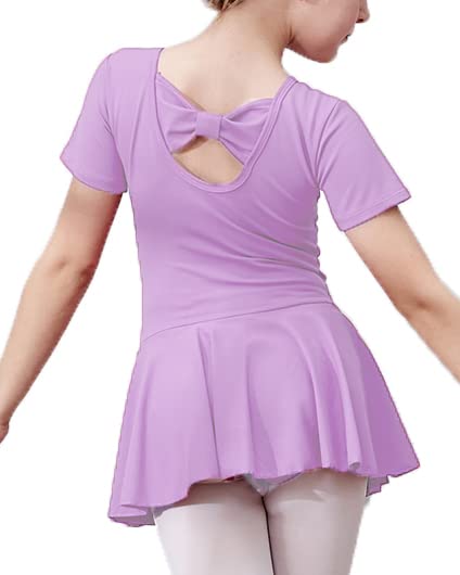 Huanye Girls Short Sleeve Ballet Leotards with Bow Back Ballet Dance Dress Tutu Ruffle Skirted Purple
