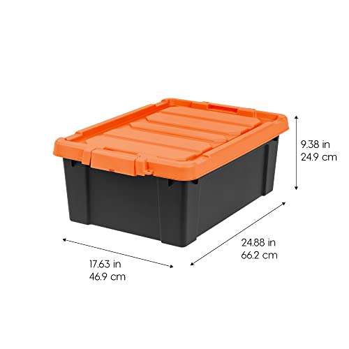IRIS USA 11 Gallon Loackable Storage Totes with Lids, 2 Pack - Orange Lid, Heavy-Duty Durable Stackable Containers, Large Garage Organizing Bins Moving Tubs, Rugged Sturdy Equipment Utility Tool Box
