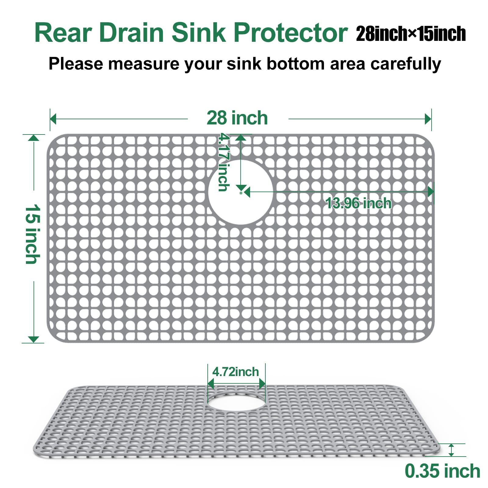 MOSTWOGO Silicone Sink Protector for Kitchen Sink 28''x15'', Heat Resistant Kitchen Sink Mat for Bottom of Stainless Steel/Porcelain Sink ,Rear Drain, 1PCS No-Slip Sink Grid Accessories(Grey)