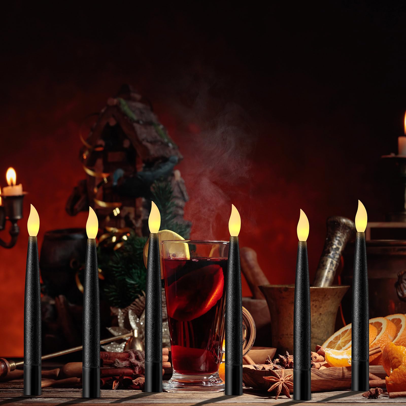 Liliful 24 Pcs Halloween Hanging Floating Candles Flameless LED Taper Candles Magic Hanging Flameless Candles Battery Operated Warm Light for Halloween Party Decor(Black, 6.3inch)