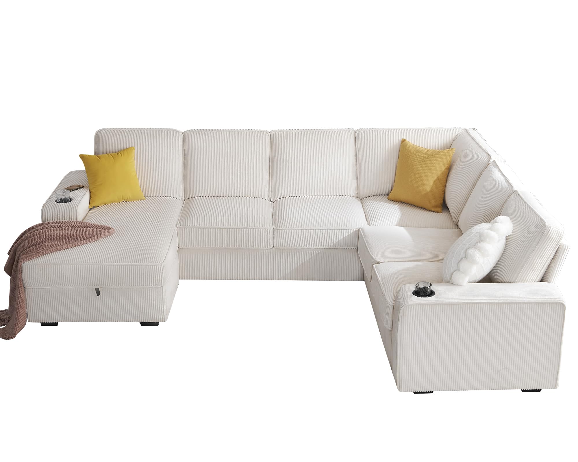 PaPaJet Oversized Sofa, 112 inch U Shaped Sofa with USB Ports, Sectional Sofa Couch with Storage Chaise, Corduroy Grey