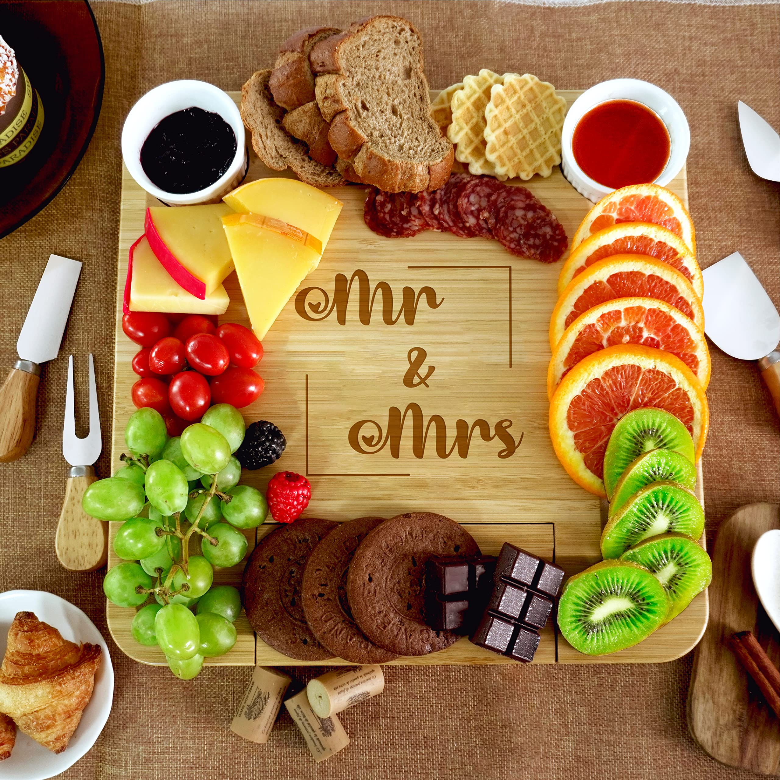 KITCHENVOY Mr. & Mrs. Bamboo Charcuterie Board Engaged Gift Set - Cheese Serving Tray Charcuterie Boards Platter Engagement Gifts for Newlywed Couples - Cheese Board Christmas Just Married Present