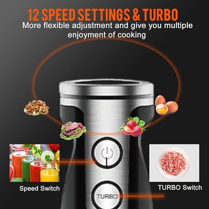 MegaWise Blender Handheld 12-Speed Stainless Steel Electric Hand Blender, 5 in 1 Immersion Handheld Blender,Titanium Blades Hand Blender, Milk Frother Wand,with 600ml Whisk Beaker and Chopper (black)