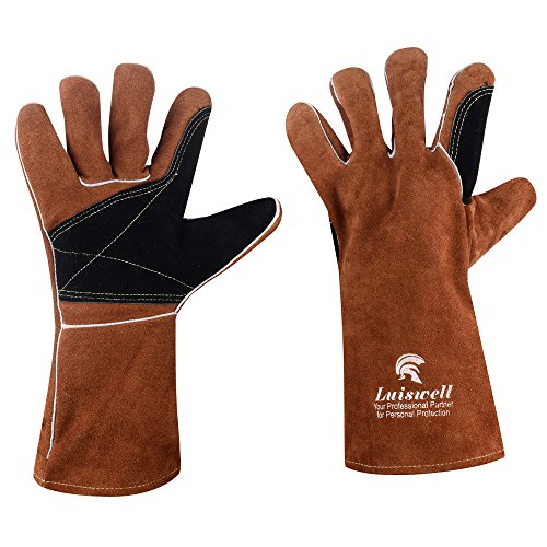 Luiswell 8007 Welding Gloves Heat Resistant Premium Cowhide Split Side Leather Tig Mig Arc Stick Welder Fireplace Gloves, Seamless Forefinger, Palm and Thumb Double Reinforced, 14 inch Long, Brown