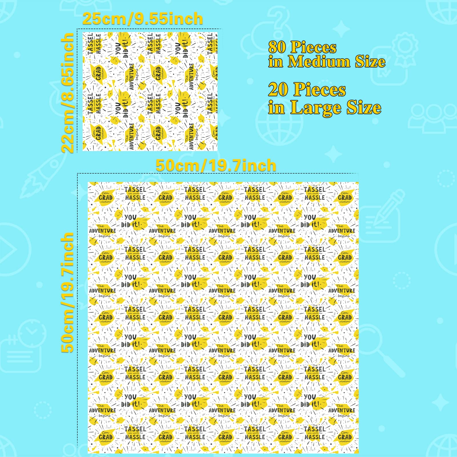 KKBES 100 PCS Graduation Wax Paper Sheets, Graduation Candy Wrappers, Graduation Party Supplies for Gift Wrapping Candy Fast Food Baking, 2 Sizes