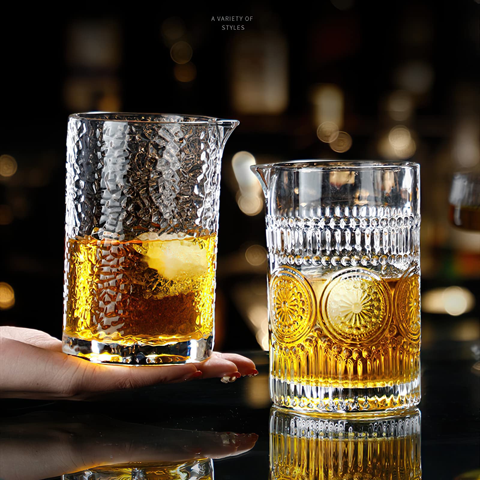 Kingrol Professional Cocktail Mixing Glasses, Set of 2, 21 Ounces Heavy Duty Mixing Pitchers for Stirred Cocktail, Crystal Clear Stirring Glasses, Fancy Embossed Design