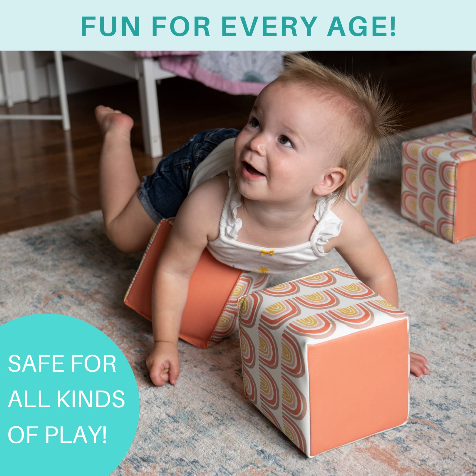 JumpOff Jo β Soft Foam Block Playset β Set of 12 Baby & Toddler Building Blocks 6"x6", Vegan Leather, Soft Play Stacking Toys for Babies & Toddlers β Boho Rainbow