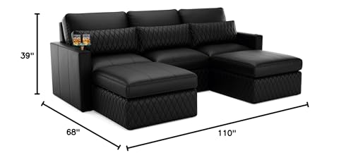 Seatcraft Diamante Sofa w/Two Ottomans, Living Room, Italian Leather, Down Feather Lining, Strong Engineered Reinforced Wood Frame, Black