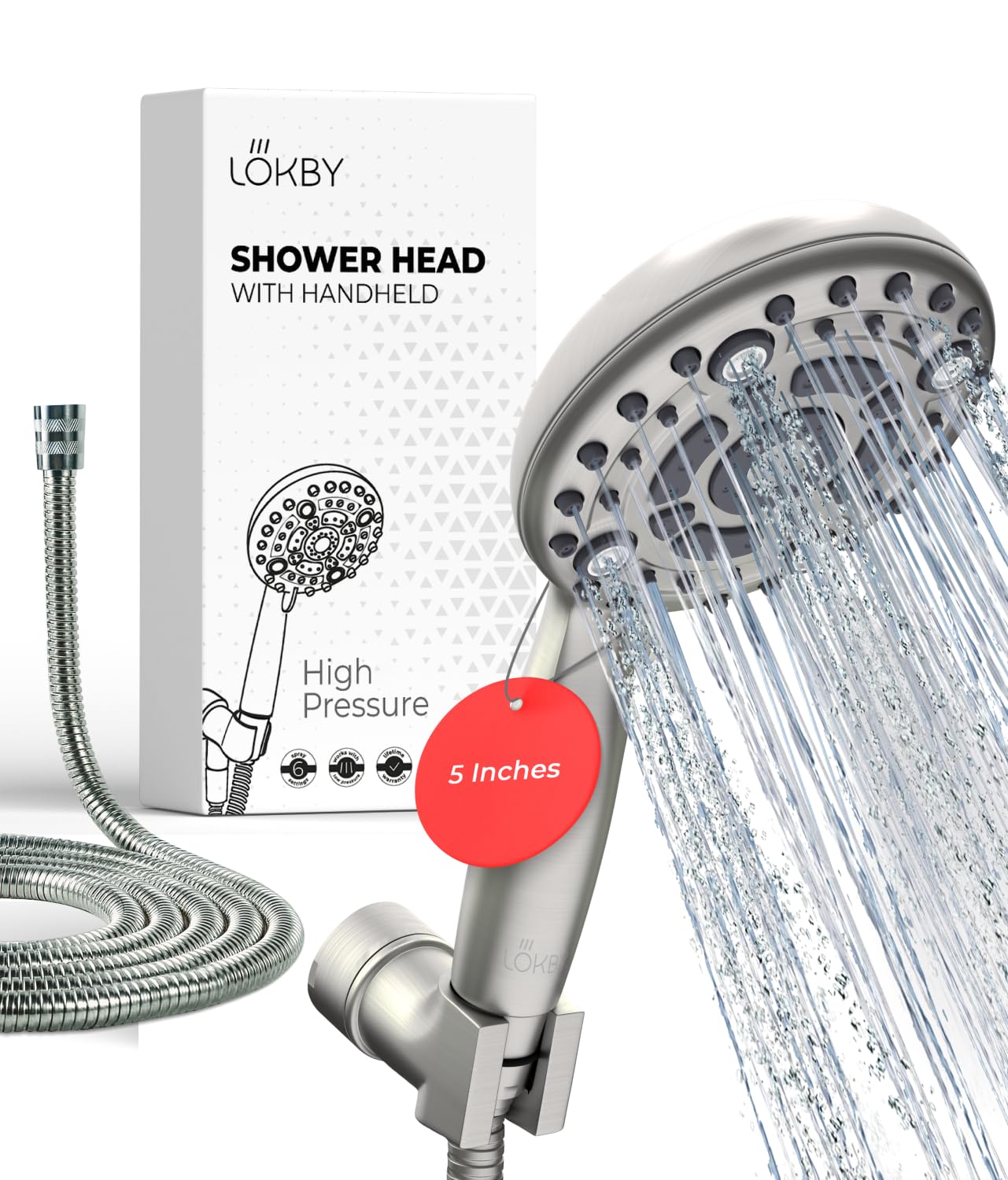 LOKBY Water Saving High Pressure Shower Head with Handheld Set - Detachable Rain Shower Head Set 6-Mode for Low Flow - Removable Hand Held Shower Head with Hose 59'' - No Tool 1-Min Install - Nickel