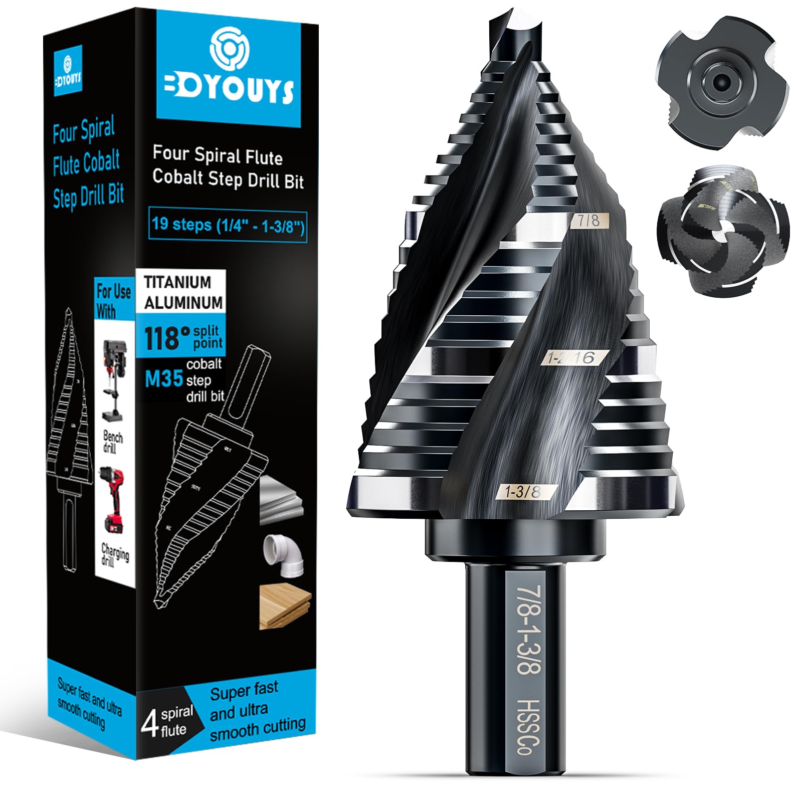 M35 Four Spiral Flute Step Drill Bit Set 1/4" - 1-3/8" (19 Sizes, 1/4" Hex Shank Unibit Step Drill bit, Impact Resistant M35 Cobalt Step Drill Bit, for Stainless Steel, Wood, Aluminum, Plastic