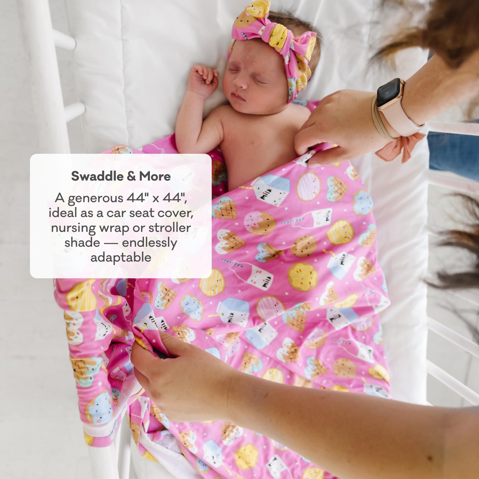 Little Sleepies Newborn Swaddle + Headband Set, Viscose from Bamboo Baby Wrap, Pink Cookies & Milk