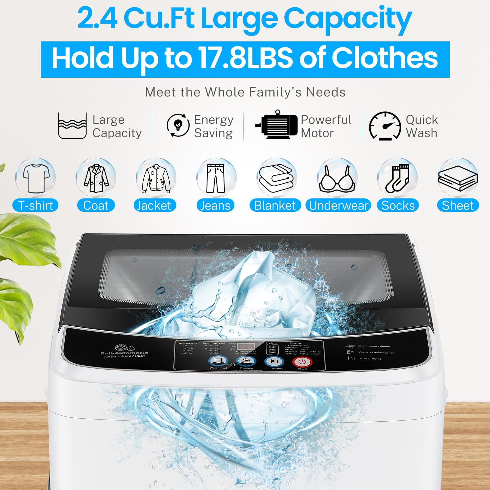 Nictemaw Portable Washing Machine 17.8 Lbs Full Automatic Portable Washer 2.4 Cu.ft Compact Laundry Washer with 10 Programs & 8 Water Levels, Glass Top Lid, Drain Pump, Ideal for Apartment, Home, RVs