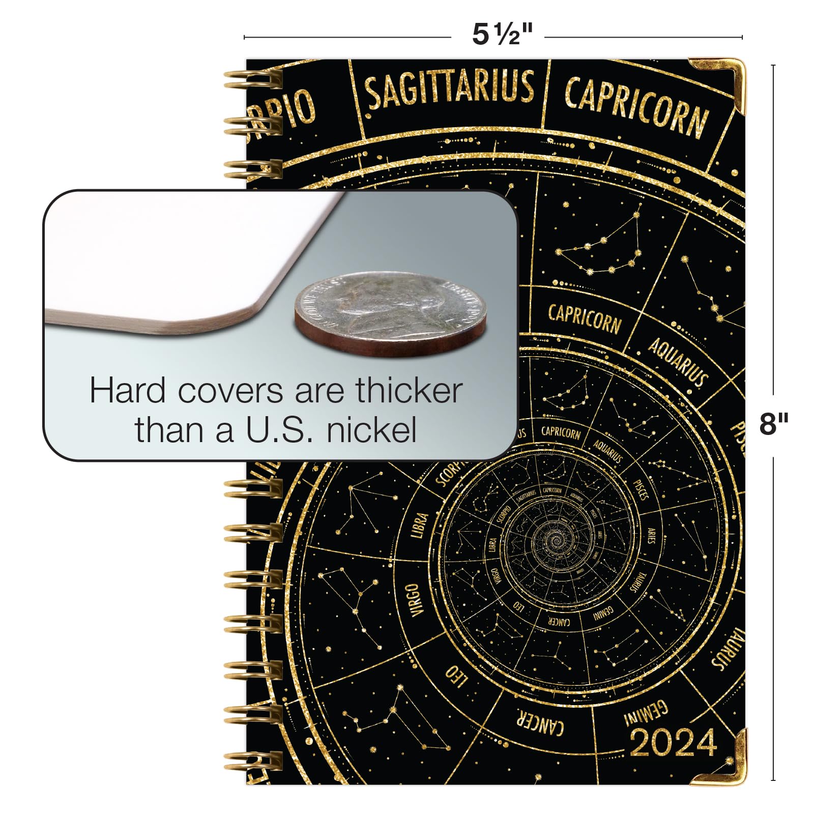 HARDCOVER 2024 Planner: (November 2023 Through December 2024) 5.5"x8" Daily Weekly Monthly Planner Yearly Agenda. Bookmark, Pocket Folder and Sticky Note Set (Zodiac)