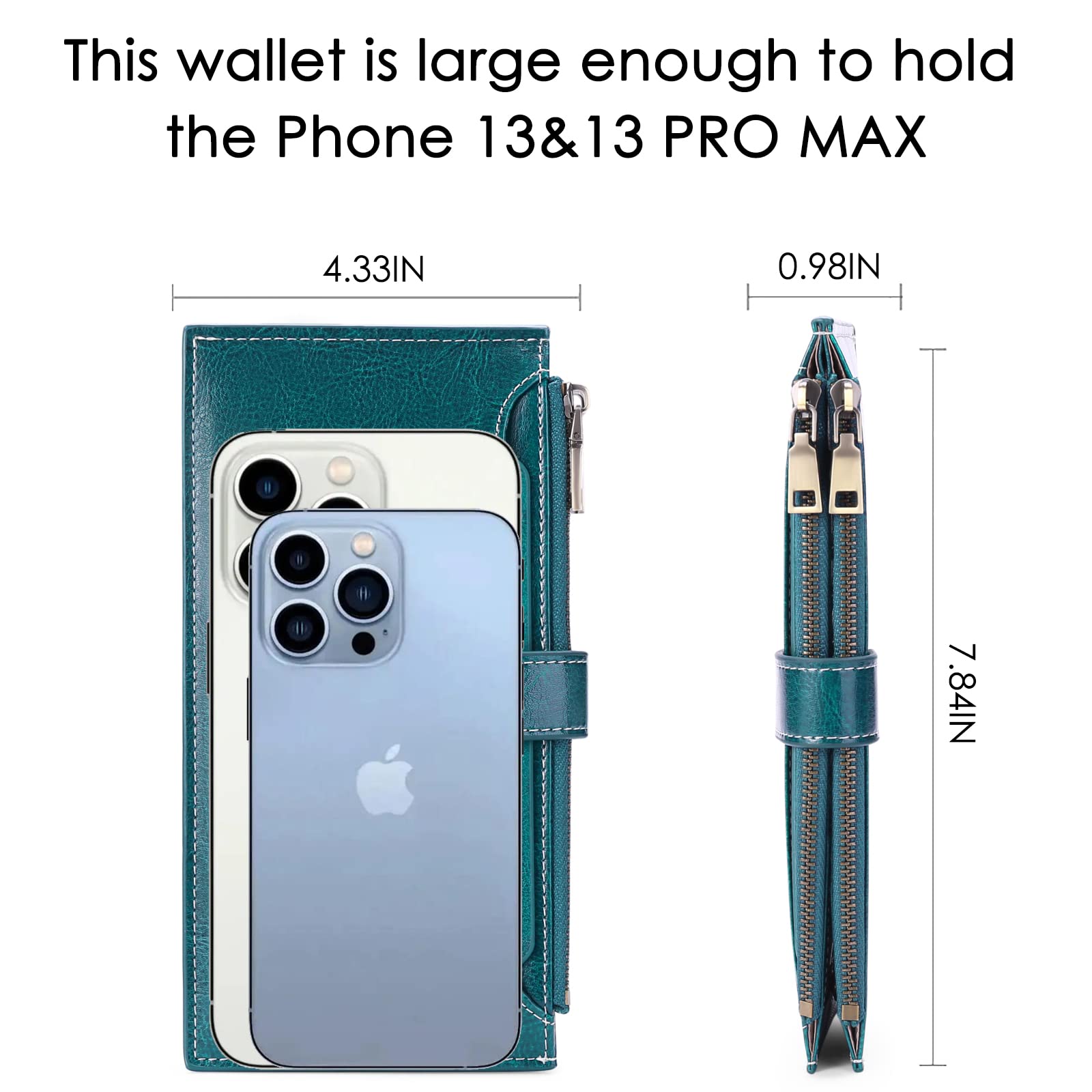 KELEEL Women Wallet RFID Blocking Bifold Genuine Leather Wallet with Double Zipper Pocket Removable Card Sleeve Multi Card Case Phone Holder Clutch (Classic Blue)