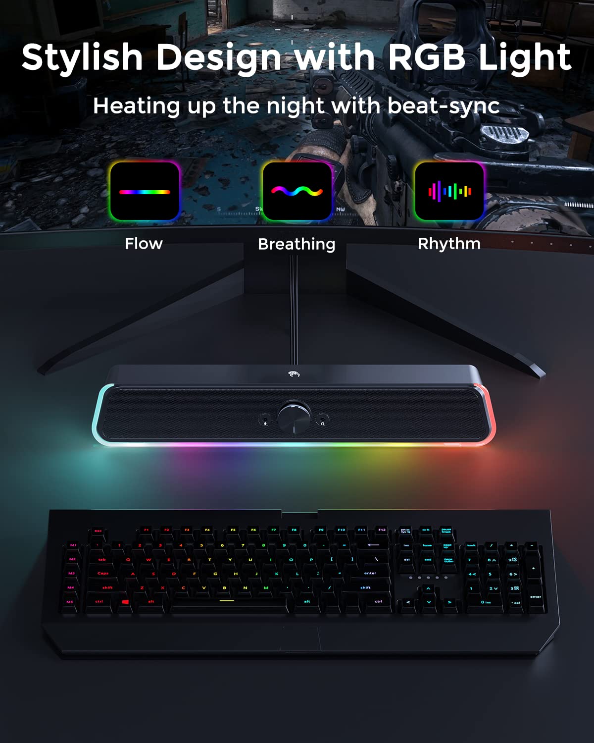 LINGYI 12W HiFi Stereo Computer Sound Bar, USB Powered PC Speakers with RGB Lights, 3.5mm Aux-in Wired Speakers for PC, Desktop, Laptop, Monitor, Gaming