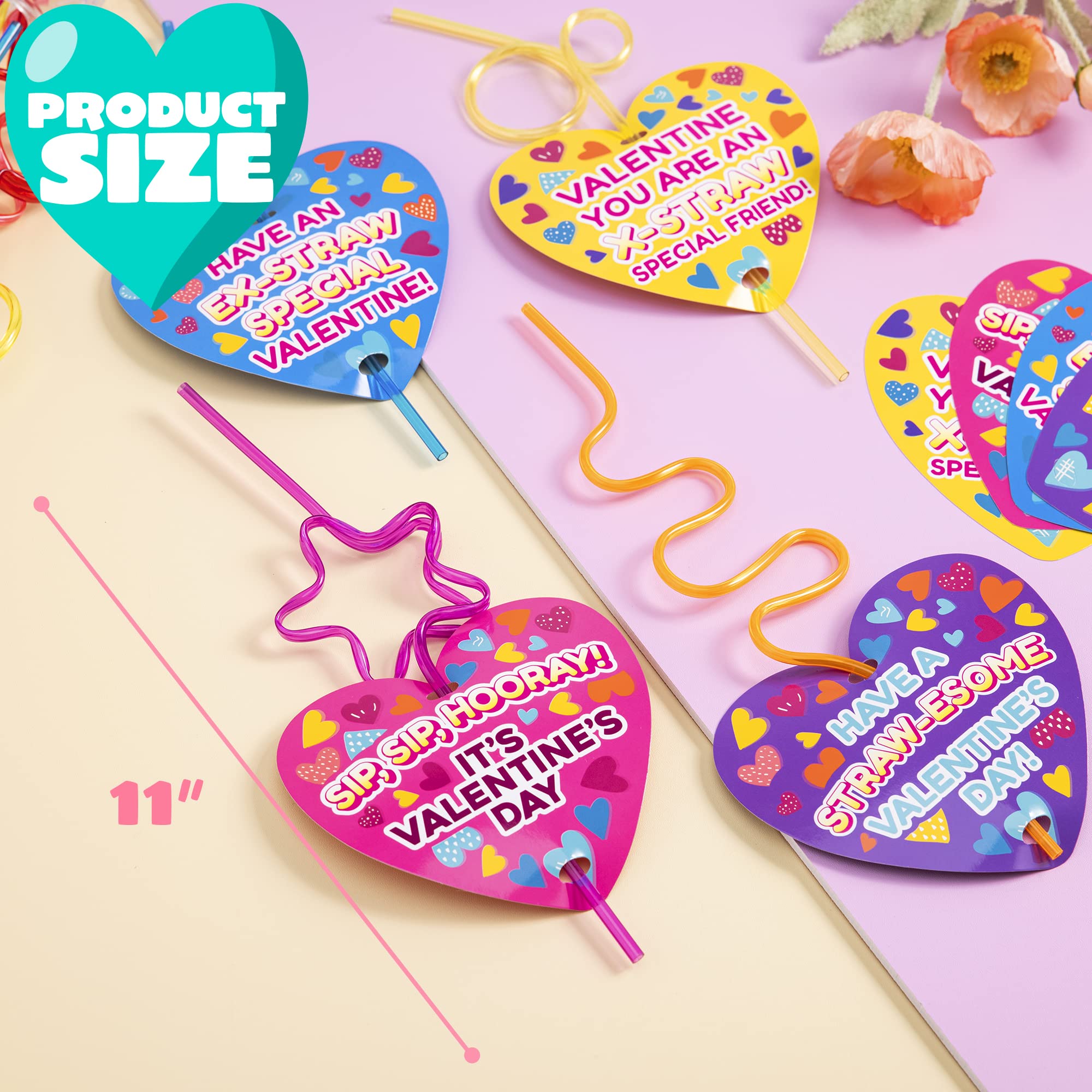 JOYIN 28 Pack Valentines Day Gift Cards with Gift Colorful Crazy Loop Reusable Drinking Straws for Classroom Exchange Prizes, Valentine Party Favors Toy