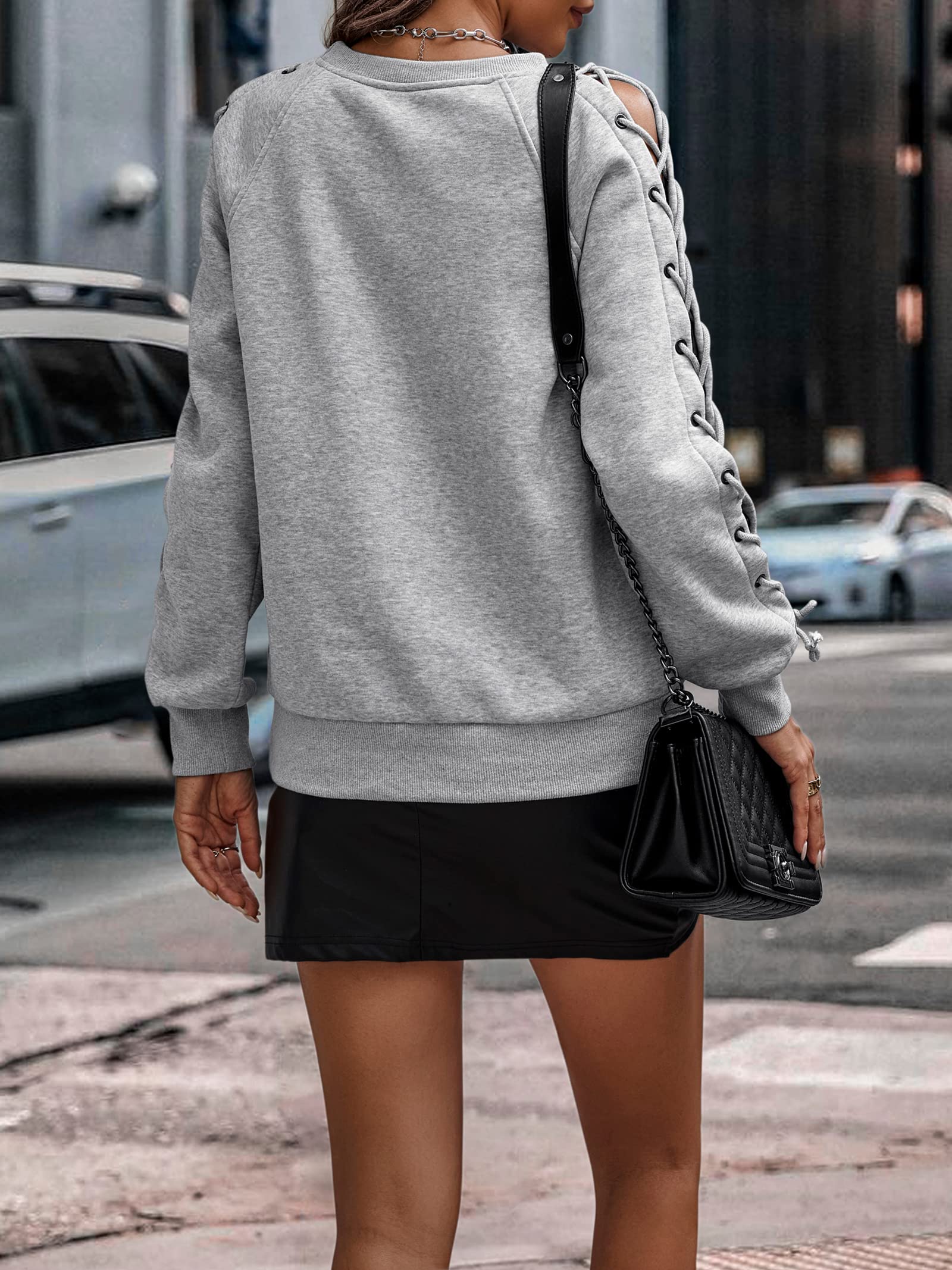 KIRUNDO Women's 2023 Fall Winter Crewneck Fleece Sweatshirts Long Sleeve Cold Shoulder Lace Up Sherpa Lined Pullover(Grey, Large)