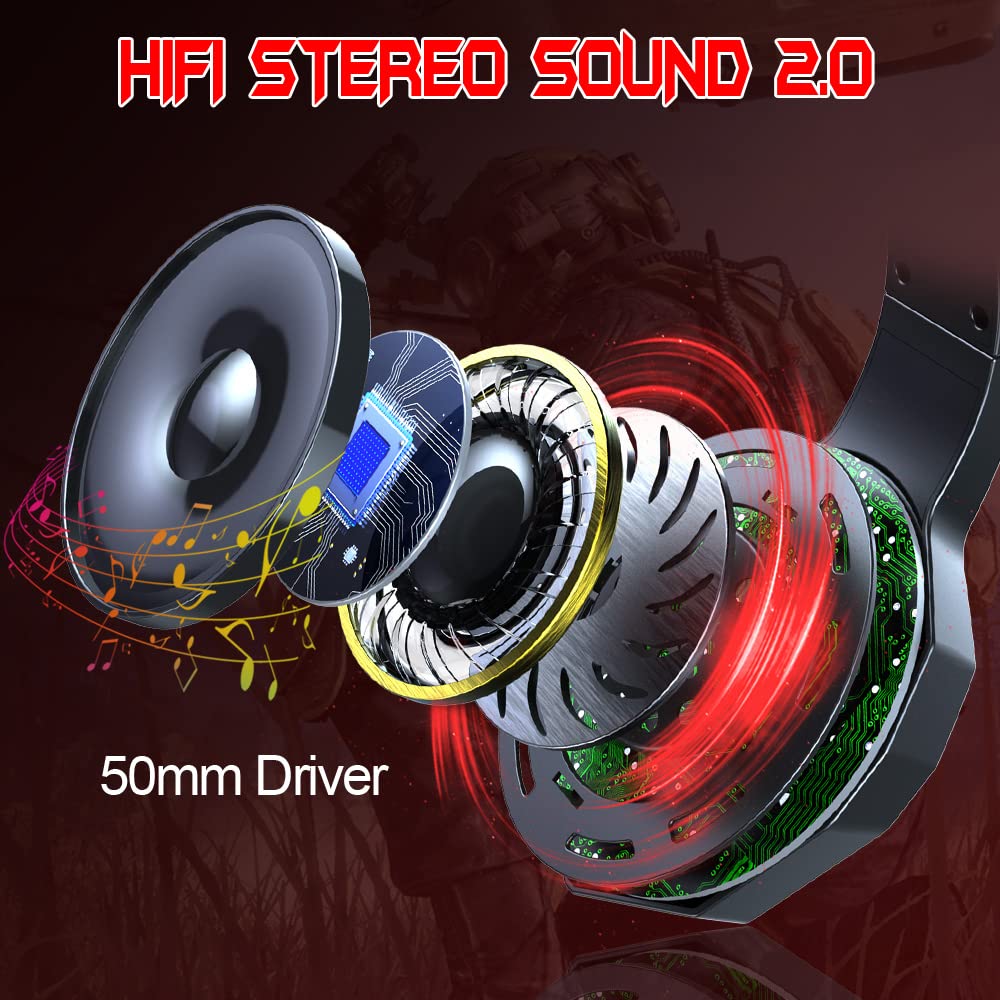 HIOEPR Gaming Headset, J5 Gaming Headphones with Microphone for PC Laptop, 50mm Drivers Over Ear Headphones for PS4PS5 Xbox One S Mac, Surround Stereo, LED Light, 3.5mm Audio Jack, Volume Control, Red